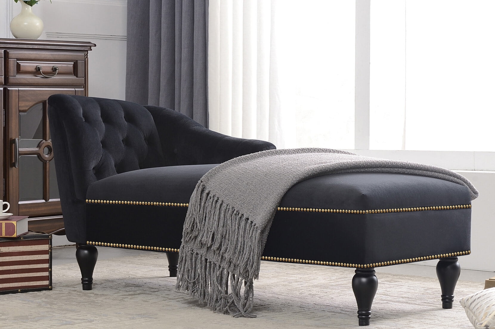 57.5*26.5" Chaise Lounge Indoor with Storage, Nailhead-Trimmed Tufted ...
