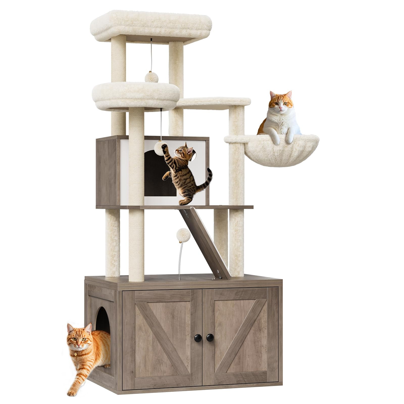 57.5" Cat Tree with Litter Box Enclosure Large,Wood Cat Tower,2-in-1 ...