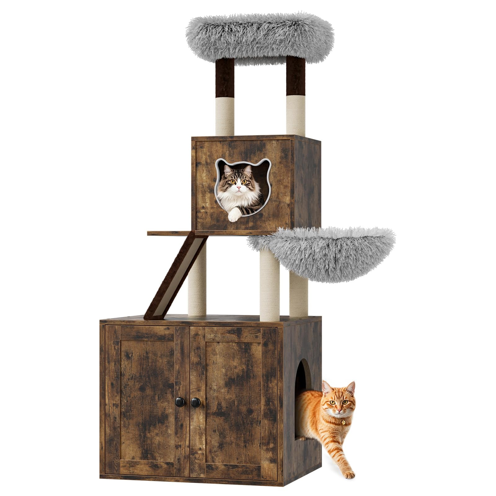 57.5" Cat Tree with Litter Box Enclosure Large,Wood Cat Tower,2-in-1 ...