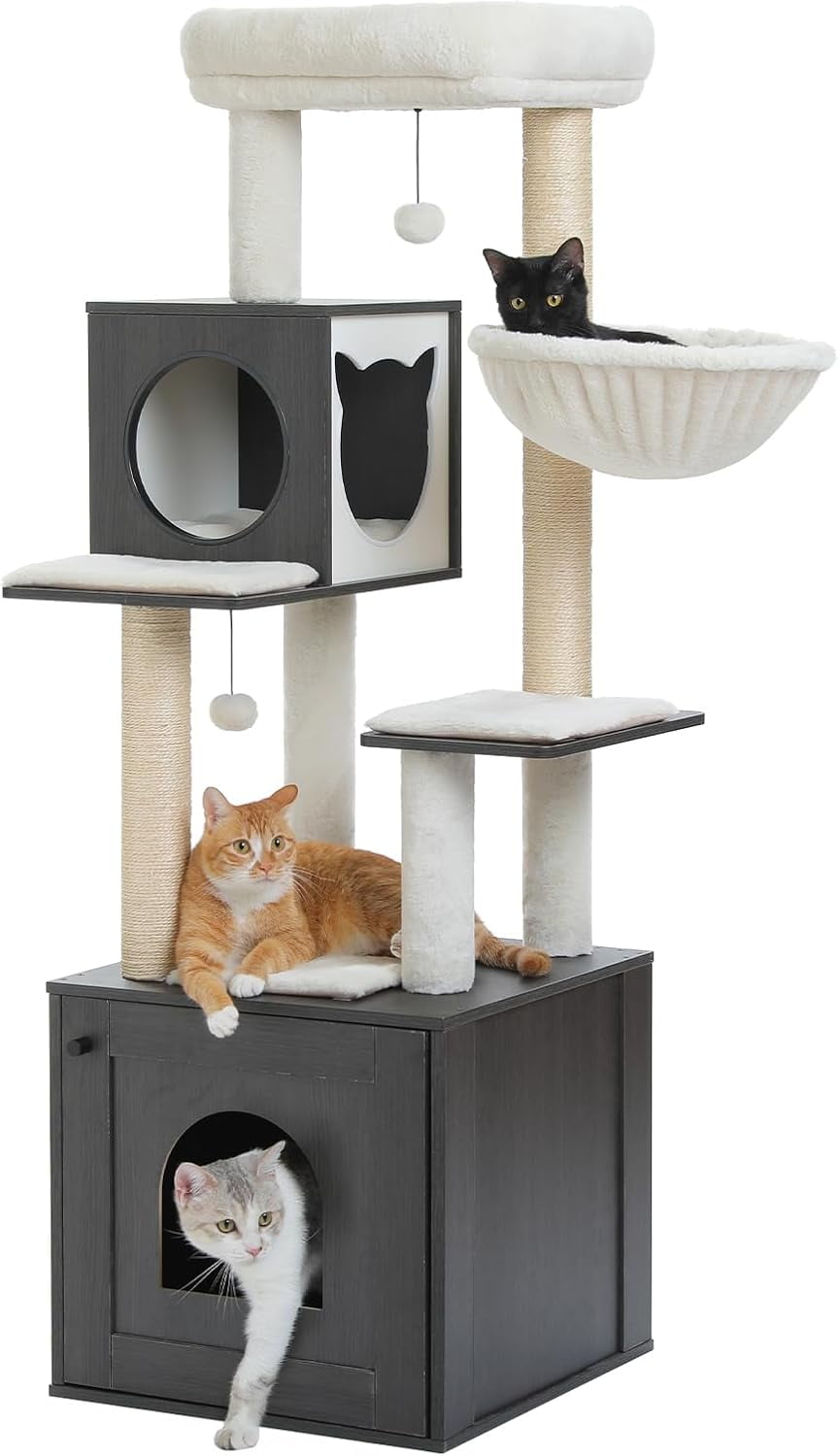 57.5" Cat Tree with Litter Box Enclosure Large, Wood Cat Tower for ...