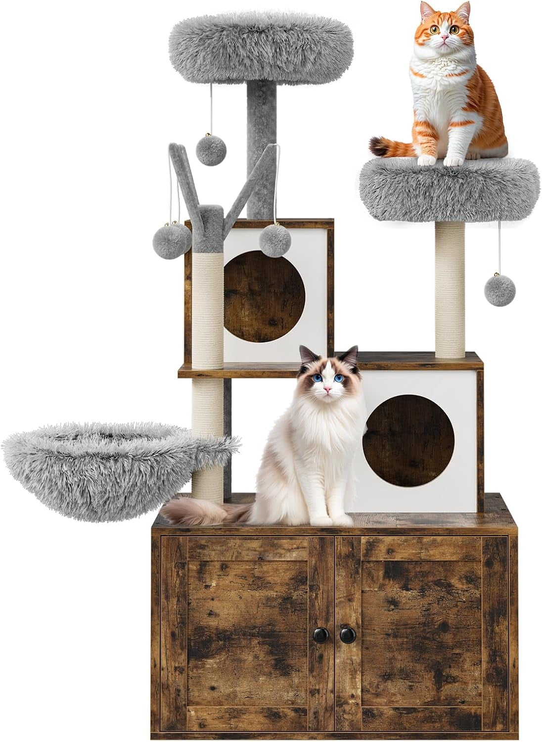 57.5" Cat Tree with Hidden Litter Box Enclosure, 2-In-1 Modern Cat ...