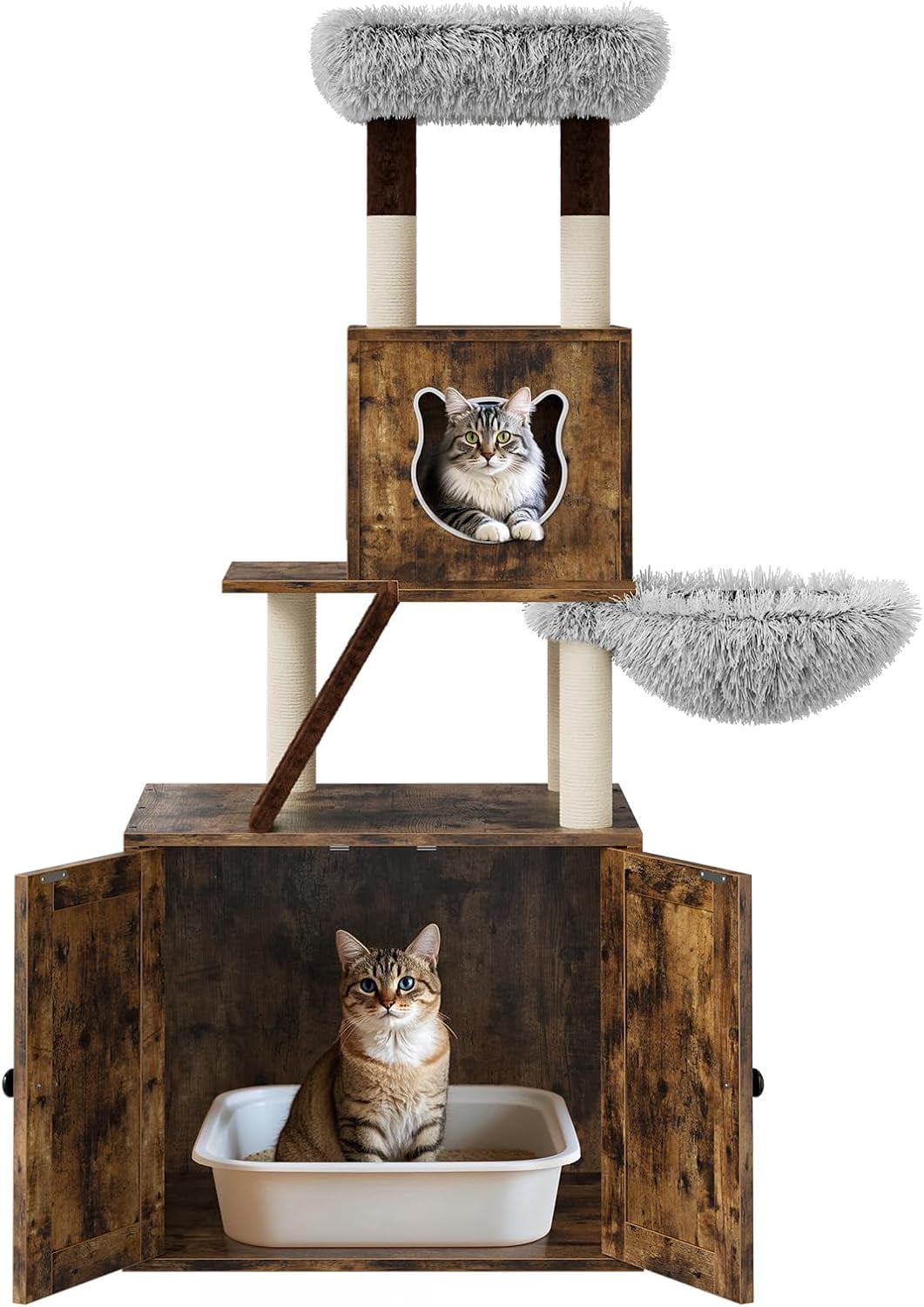 57.5-Inch Cat Tree with Litter Box Enclosure 2-in-1 Modern Large Cat ...