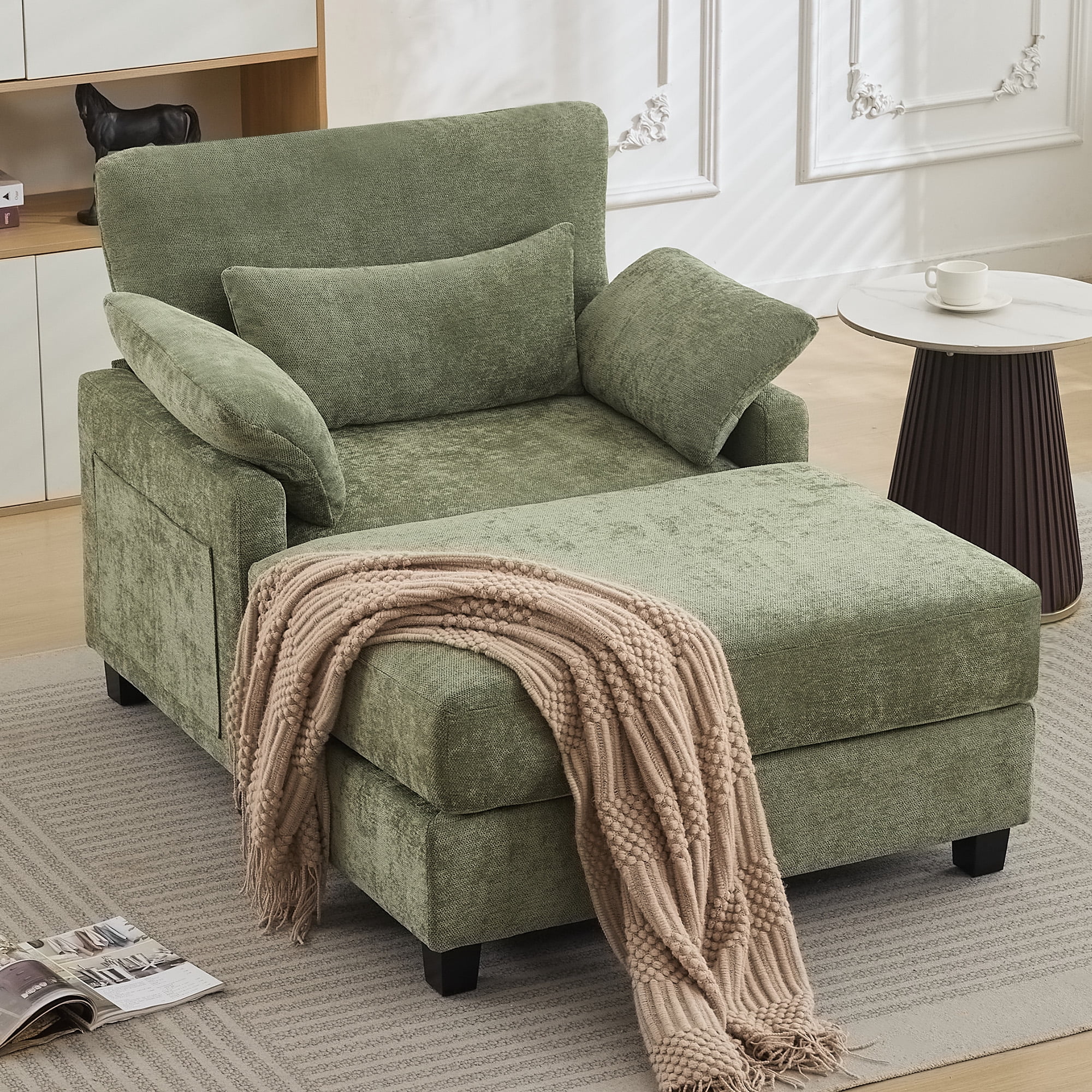 57.5" Oversized Chaise Lounge with Ottoman Indoor, Green Reading Chair ...