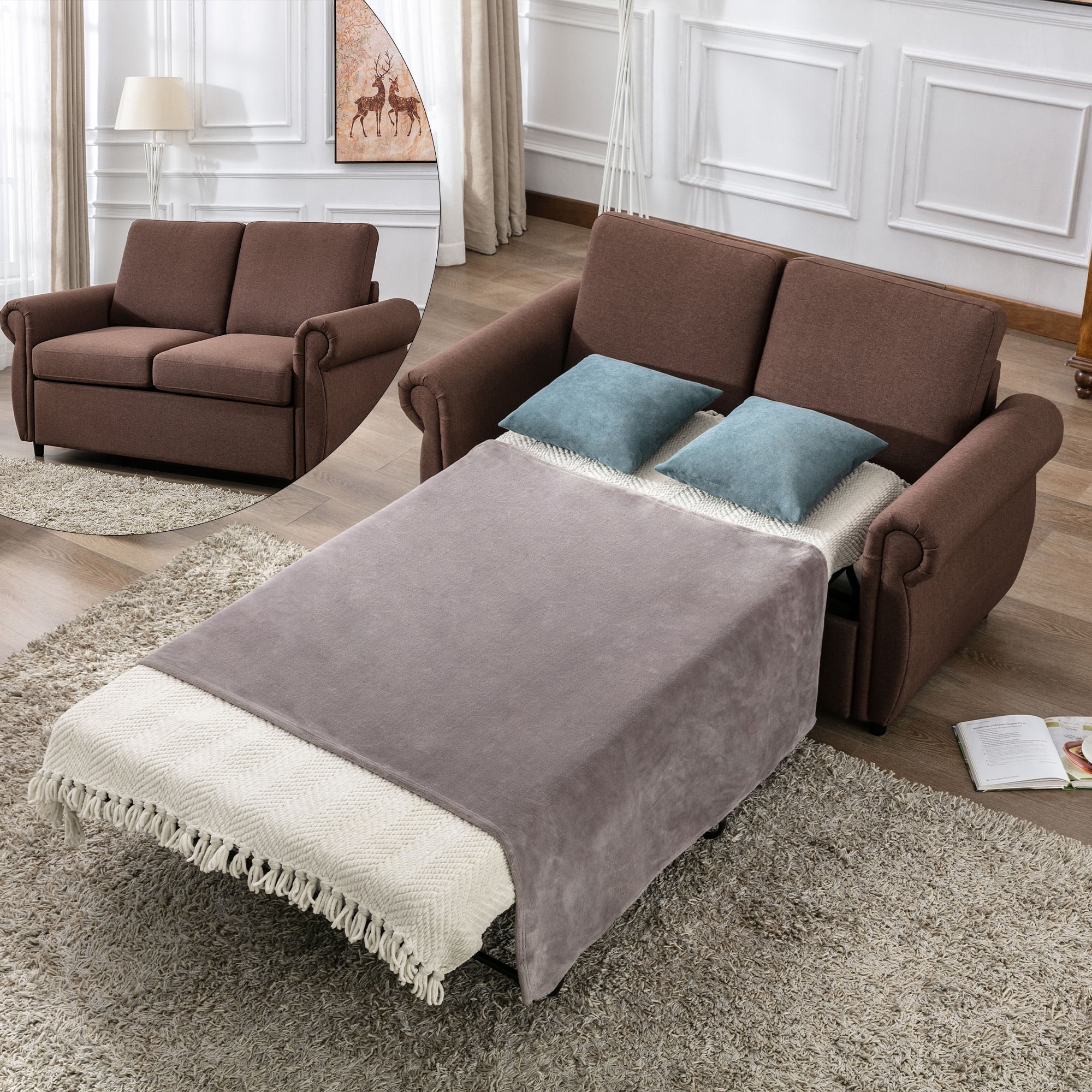 57.5" Pull-Out Sleeper Sofa, Compact Loveseat Sofa Bed with USB Ports ...
