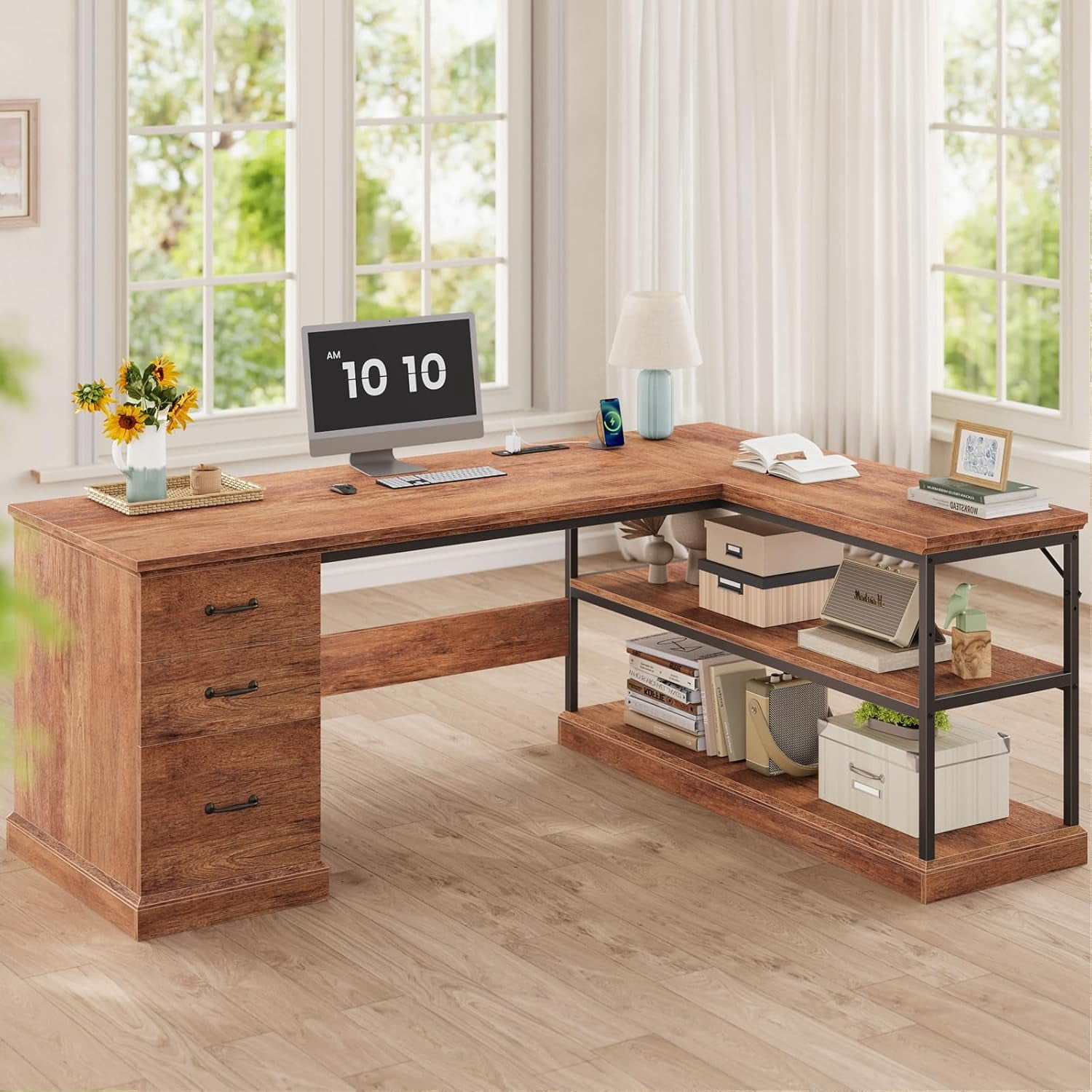 57.8 Inch L Shaped Desk with Storage, Executive Desk with 3 Drawers and ...