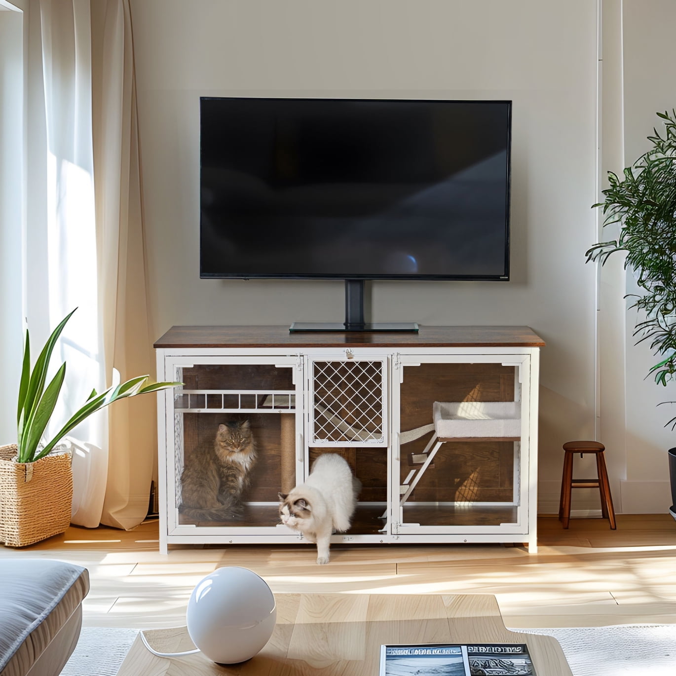 57.87" Large Wooden Cat House, Modern TV Stand with Cat Villa, Side ...