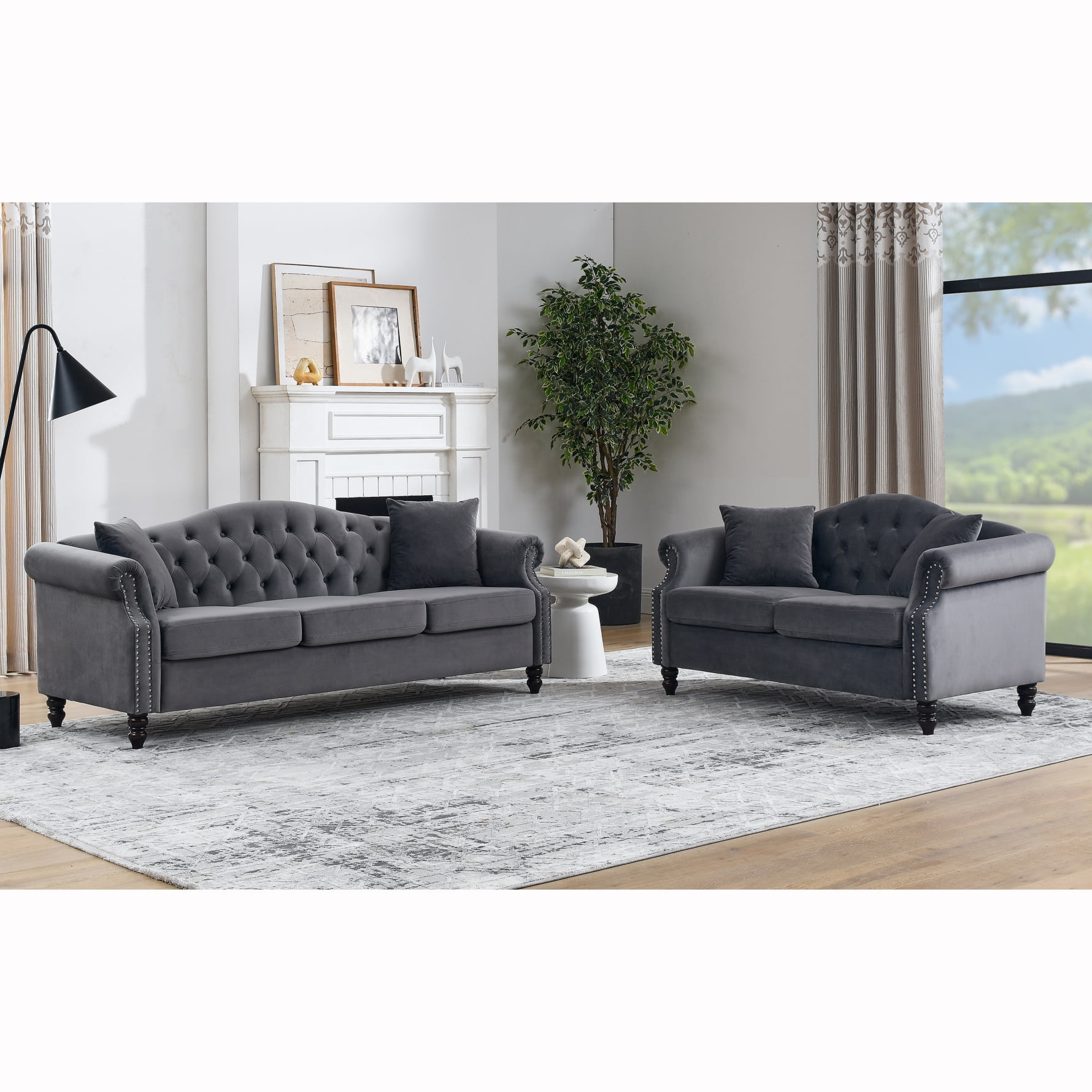 57" Chesterfield Sofa, Velvet Accent Large3-Seater + 2-Seater Combination Sofa with Four Pillows ...