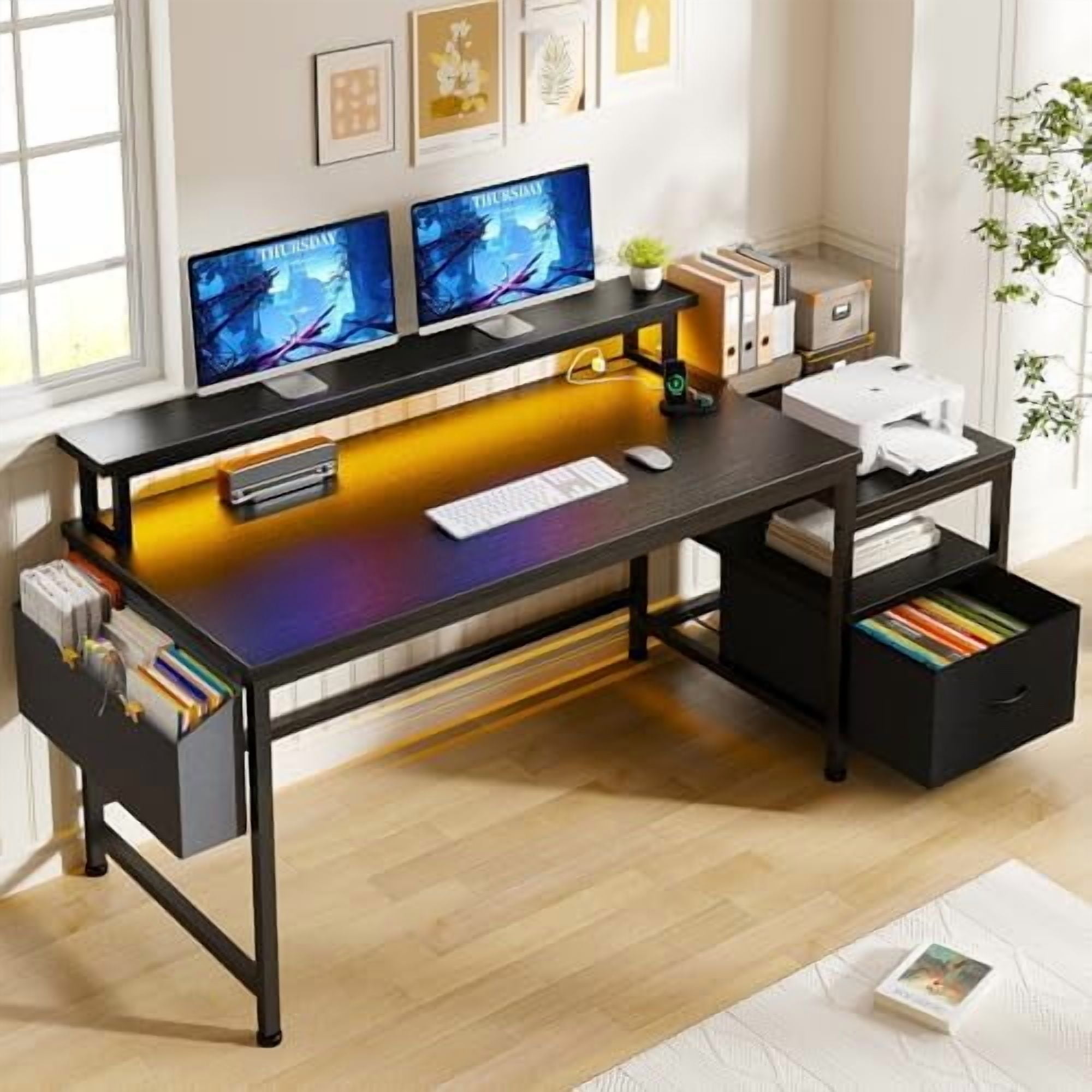 57" Computer Desk with Drawers and Printer Space,Office Desk with Power ...
