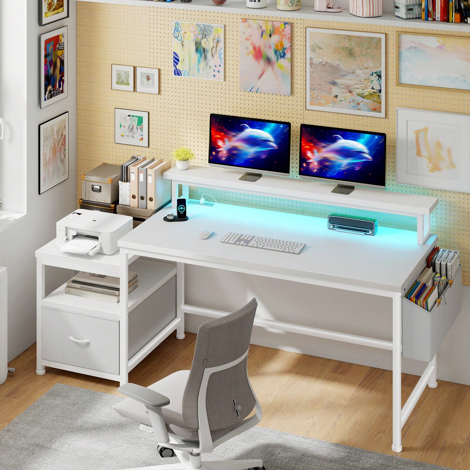 57" Computer & Office Desk With Power Outlets, Drawers, Printer Space ...