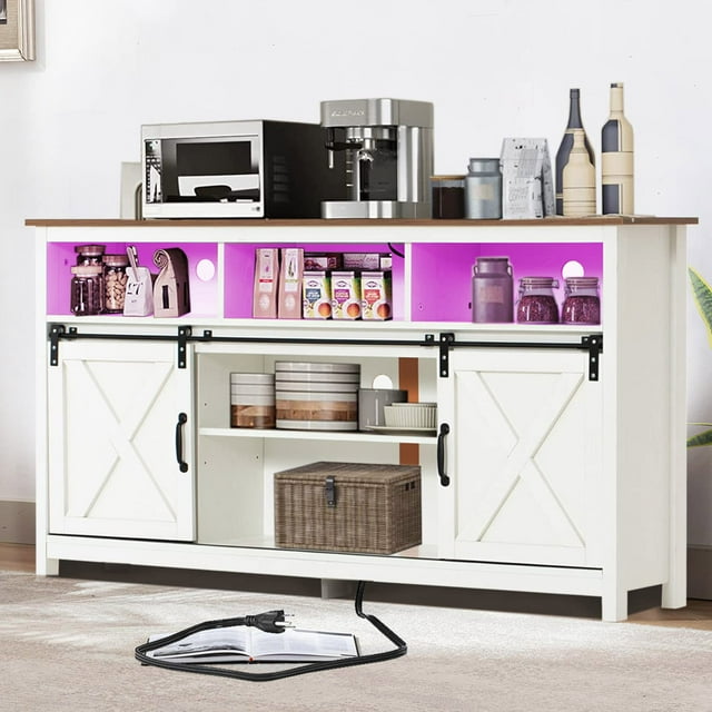 57" Farmhouse Coffee Bar Cabinet with LED Light & Outlet & Charging ...