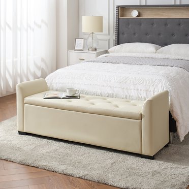 56" Boho Rattan Storage Bench Flip-Top Upholstered Bed Foot Stool Roll ...