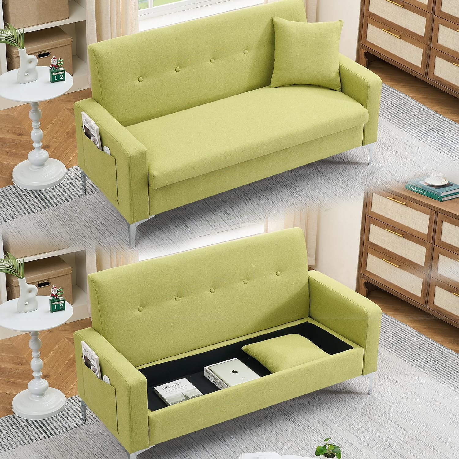 57" Green Suede Couch, Mini Sofa with Spring Cushions, Loveseat Storage ...
