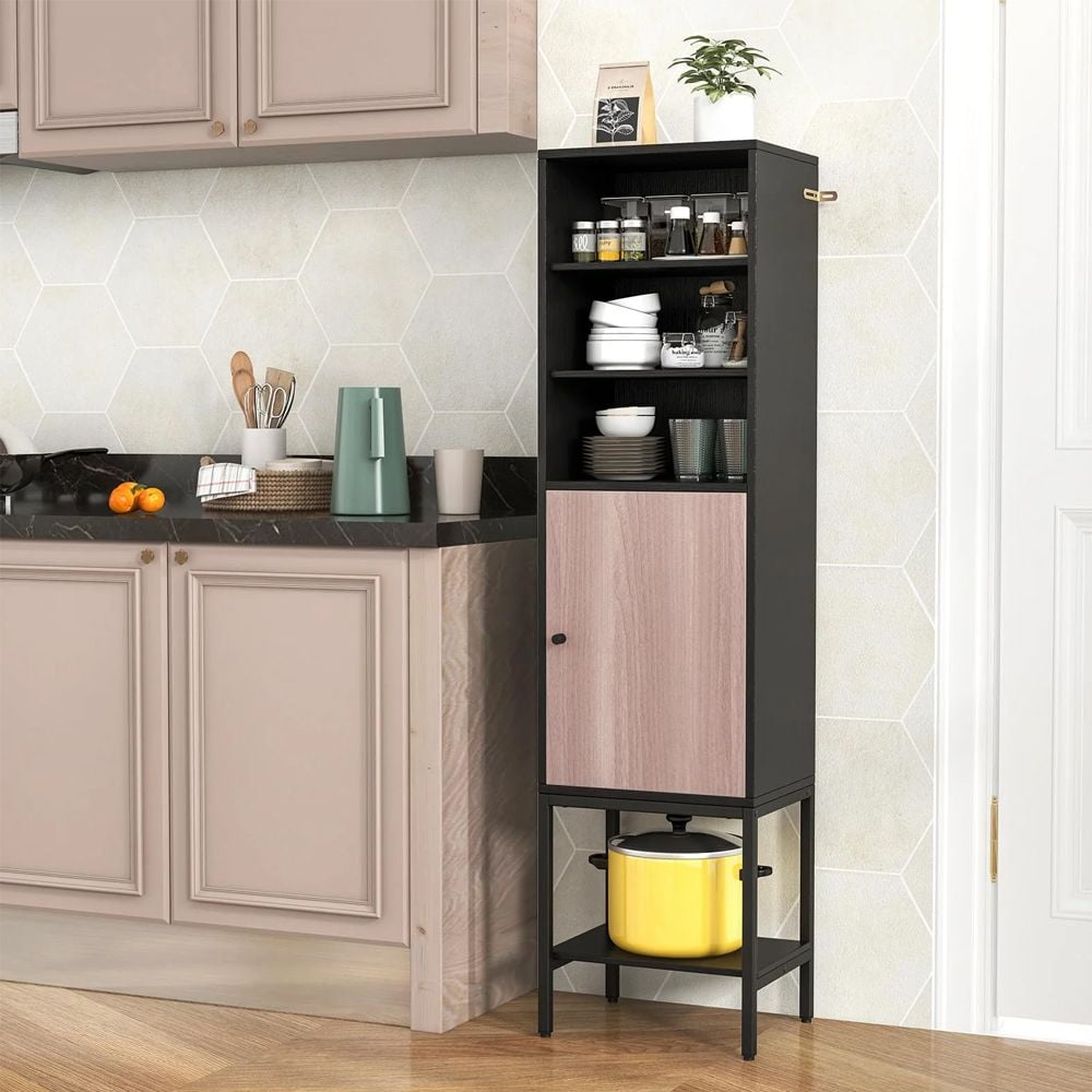 57 Inch Bathroom Tall Cabinet with 1 Door and 4 Shelves Narrow Storage ...