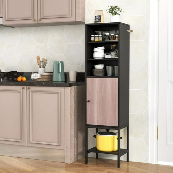 57 Inch Bathroom Tall Cabinet with 1 Door and 4 Shelves Narrow Storage ...