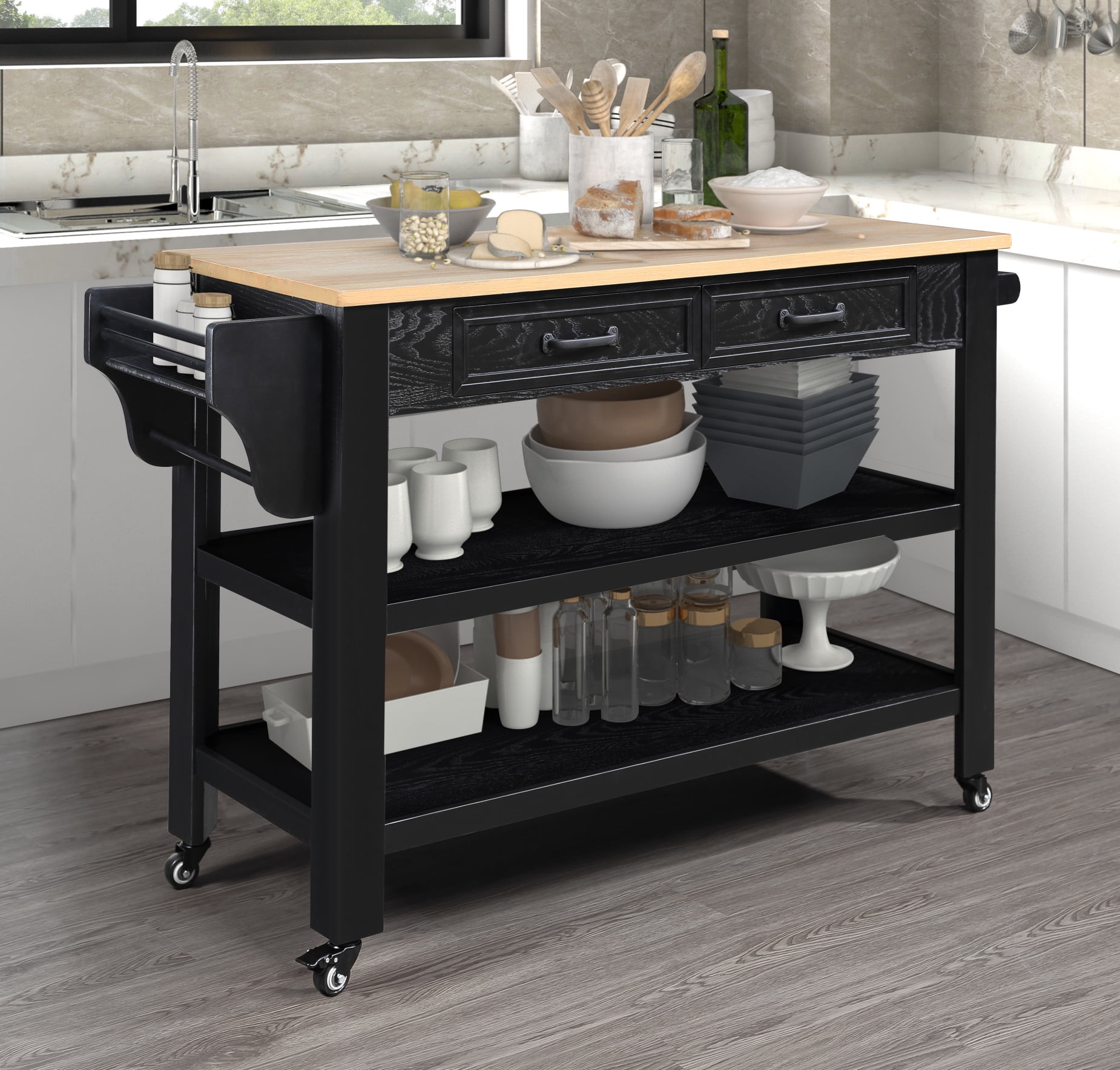 57 Inch Cambridge Rolling Kitchen Island on Wheels with 2 Locking ...