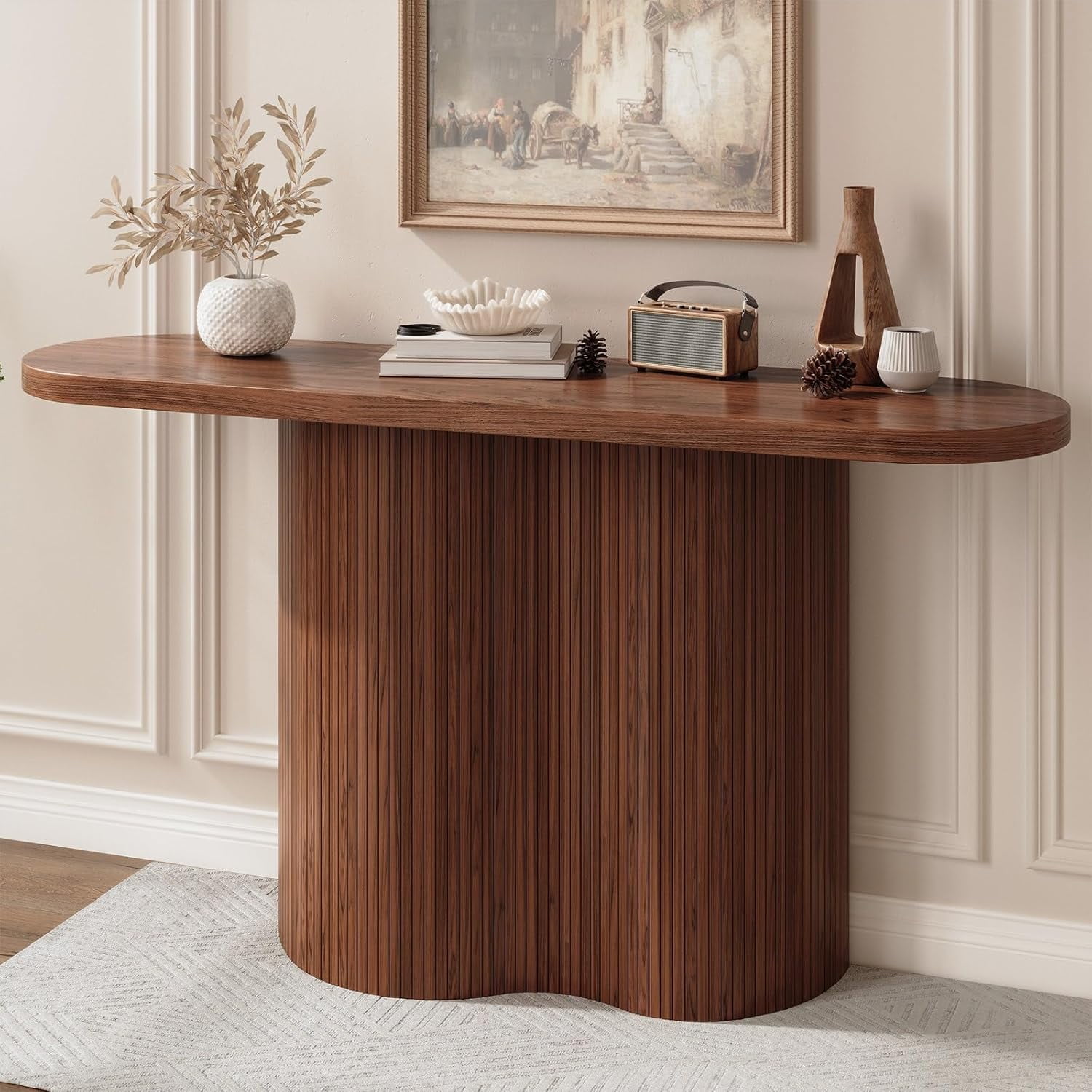 57-Inch Fluted Long Entryway Table, Tambour Waterfall Design Console ...