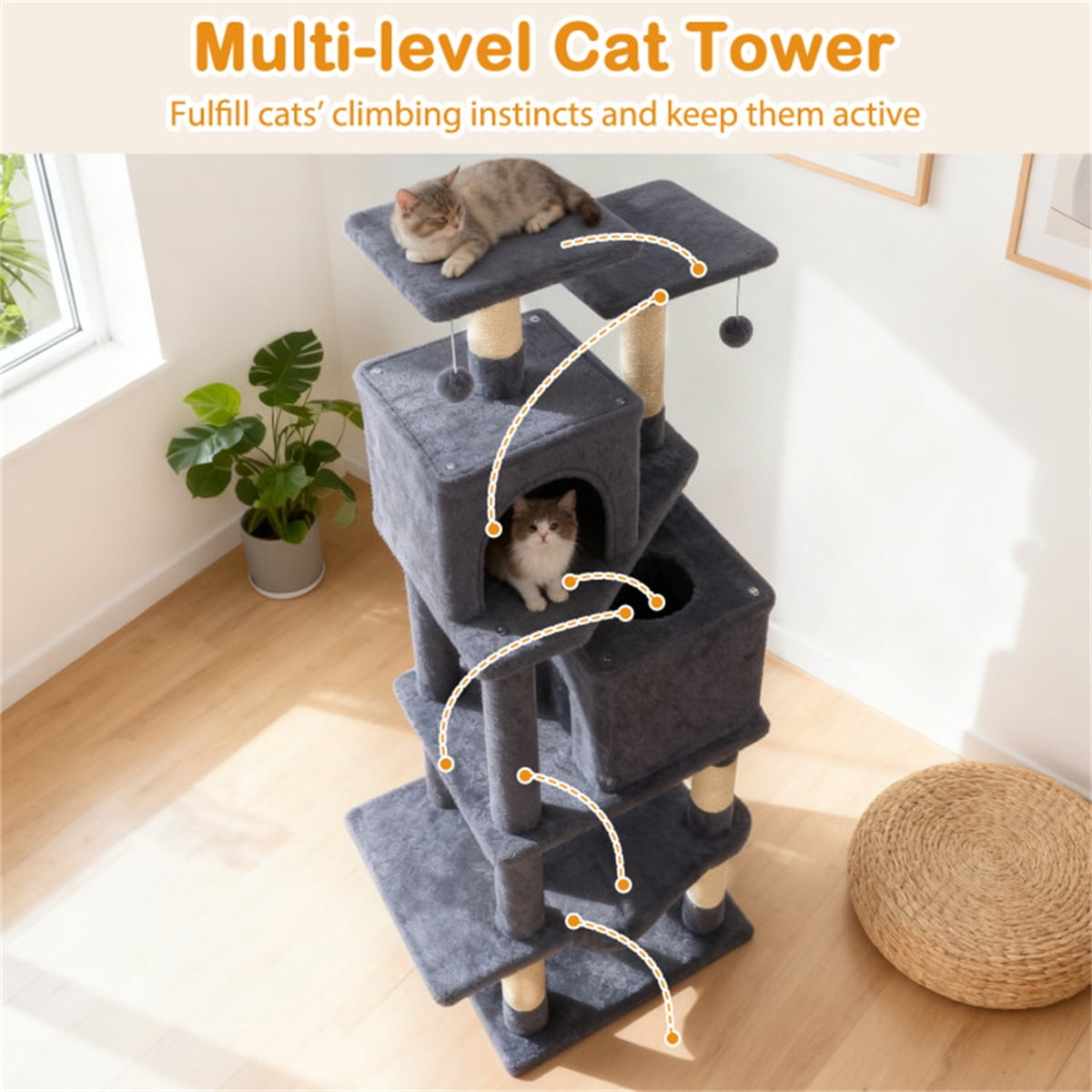 57 Inch Multi-Level Cat Tree for Multi-Cat Households Gray with 2 ...