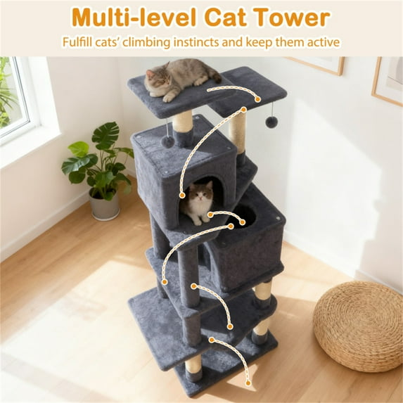 57 Inch Multi-Level Cat Tree for Multi-Cat Households Gray with 2 ...
