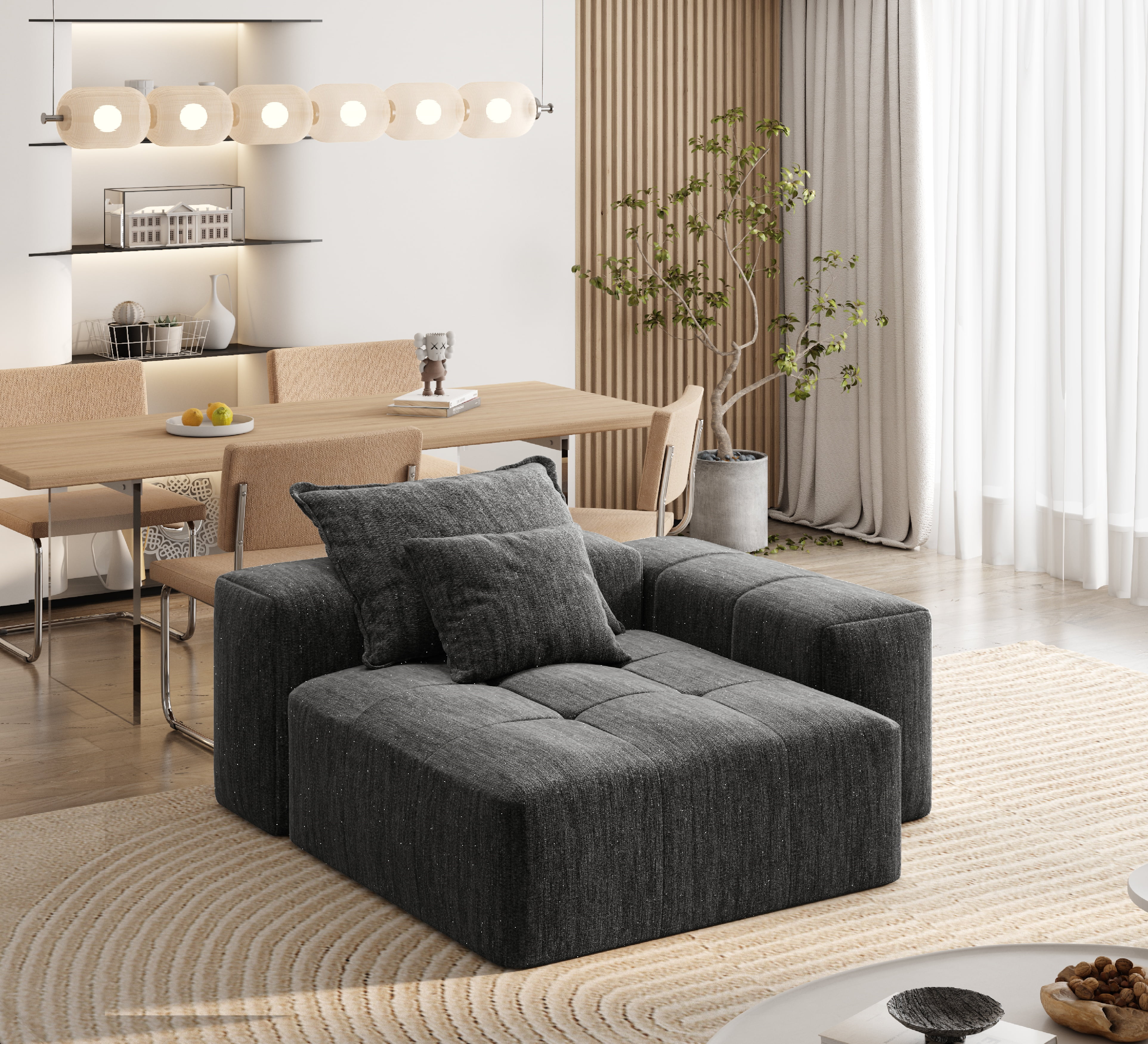 57" Modern Single Sofa - Sparkling Chenille Tufted Sofa with 2 Pillows ...