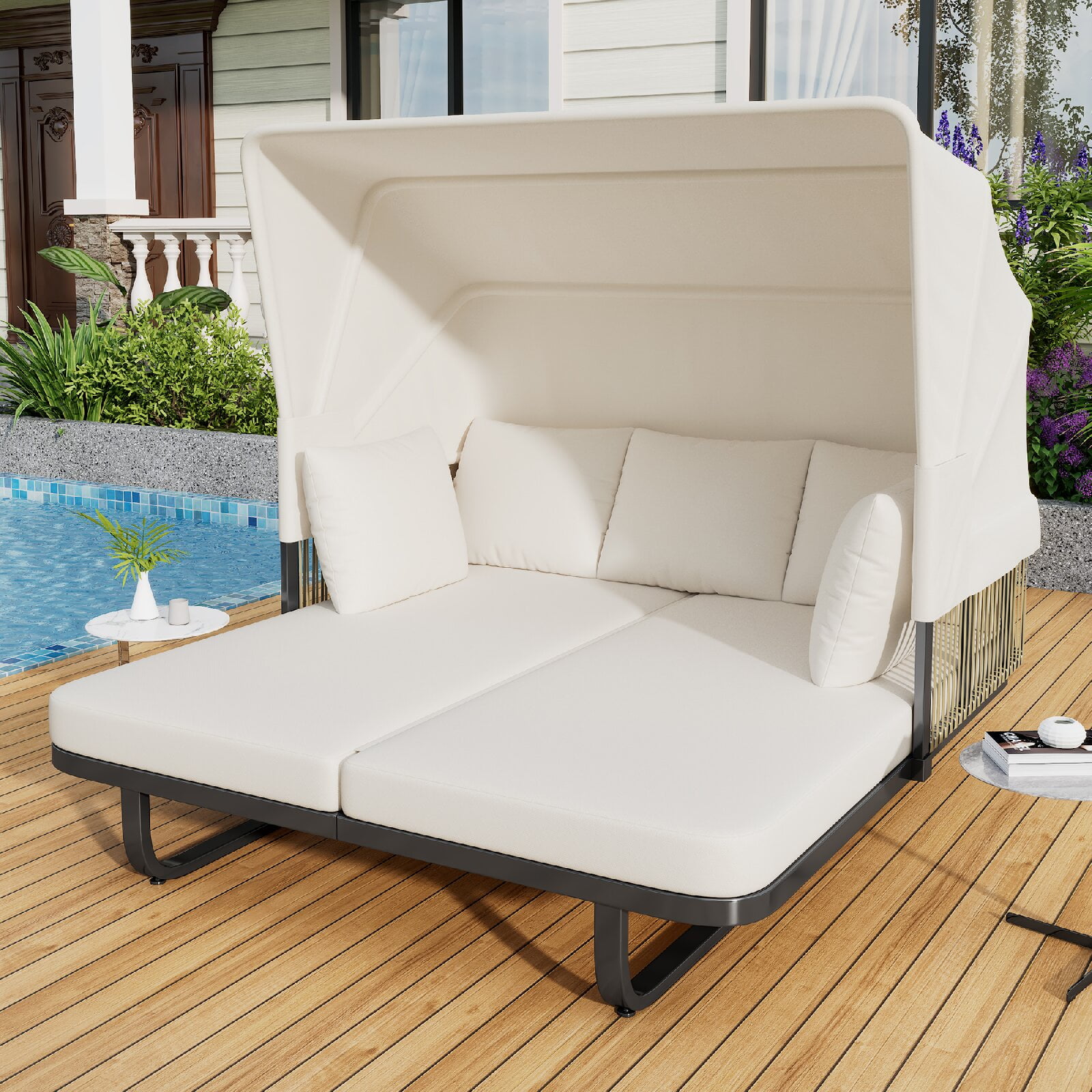 57" Outdoor Patio Daybed Rattan Daybed Outdoor Sunbed with Detachable ...