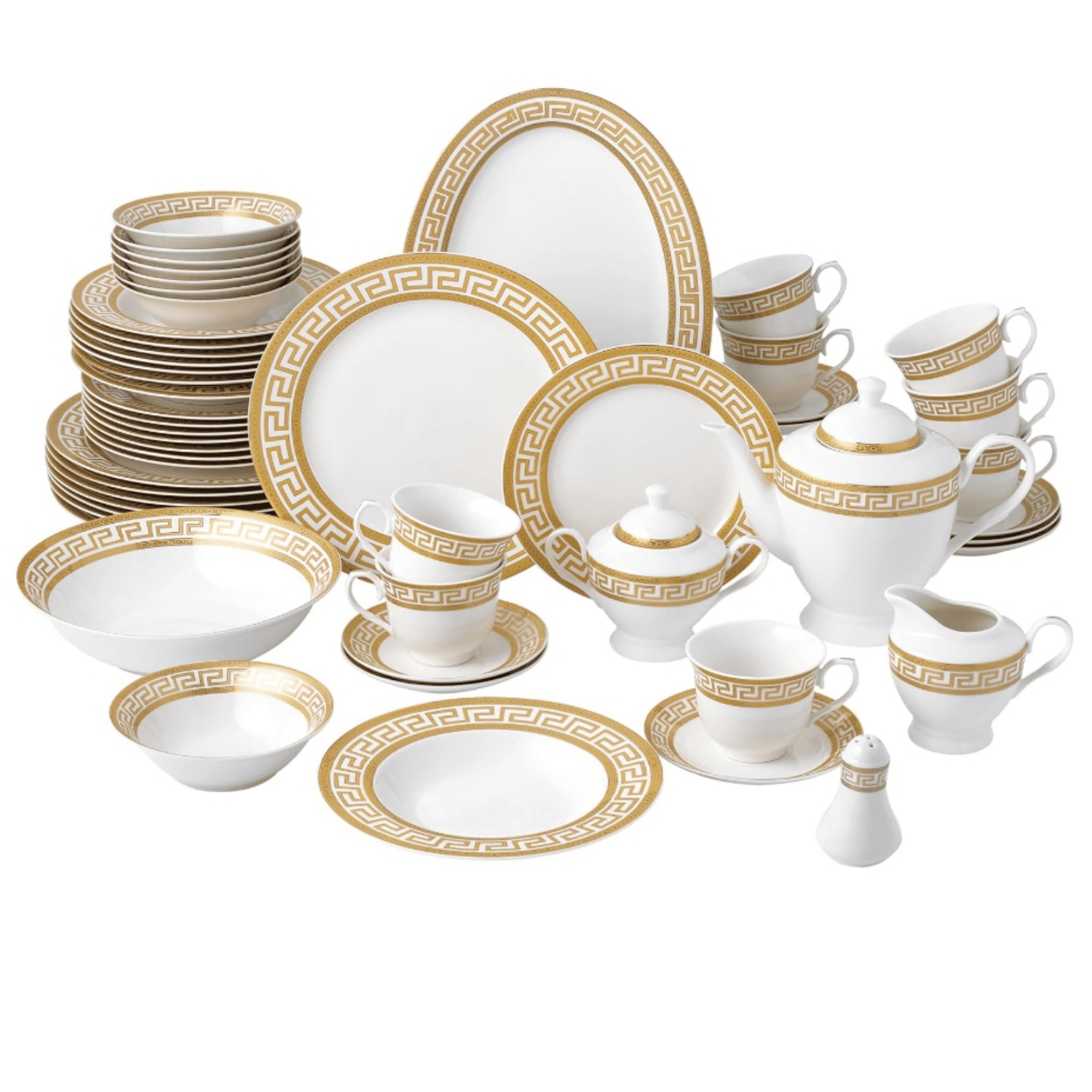 57-Piece Bone China Dinnerware Set, Service for 8, and Golden Greek Key ...