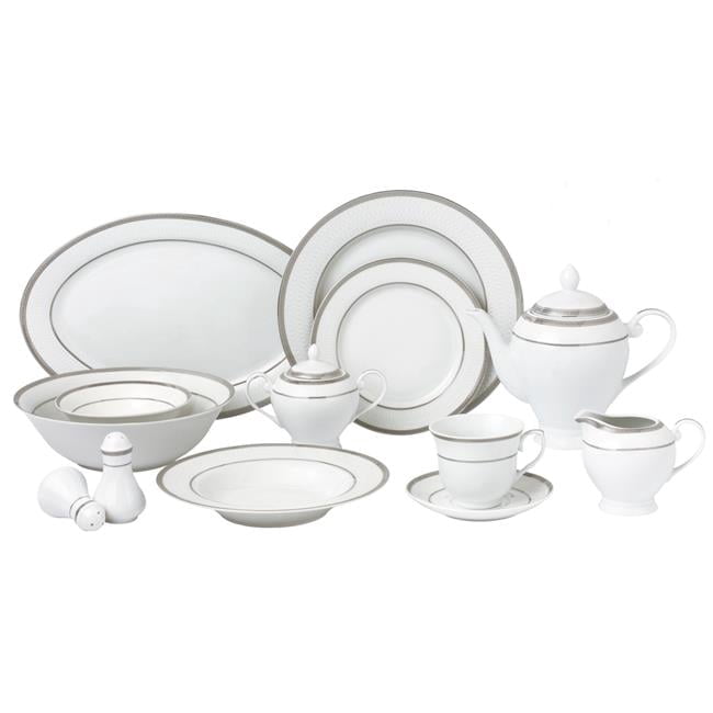 57 Piece Border Porcelain Dinnerware Set, Silver - Service for 8 Ashley ...
