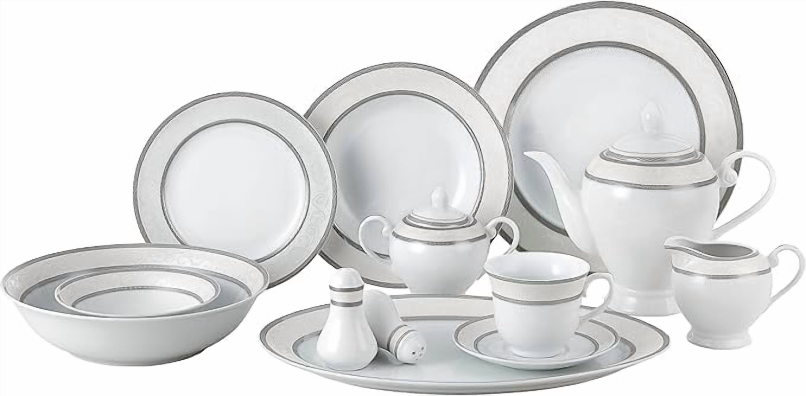 57 Piece Silver Border Dinner Set Service for 8 – Includes Plates ...