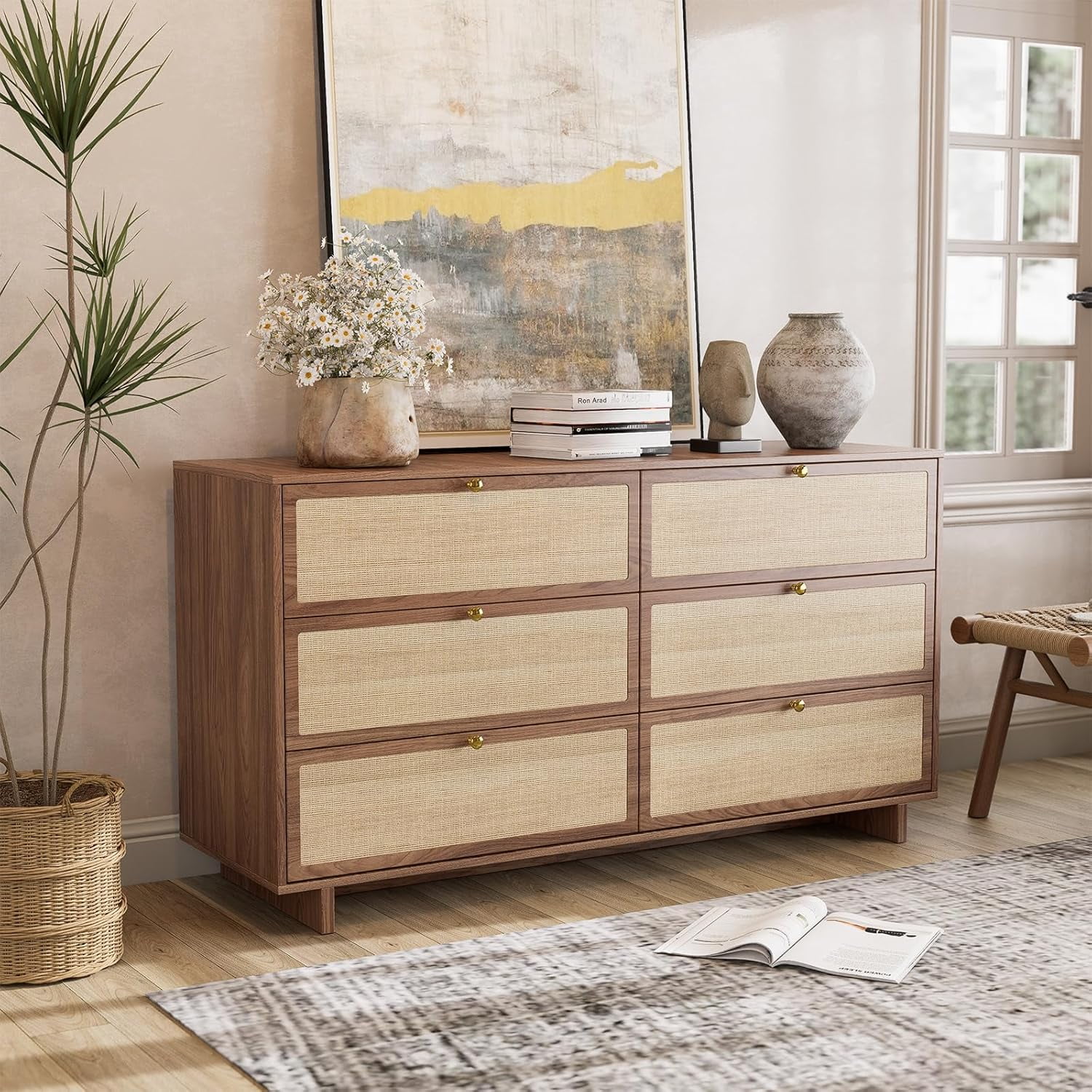 57“ Storage Cabinet with 6 Drawers, Boho Buffet Cabinets with Ample ...