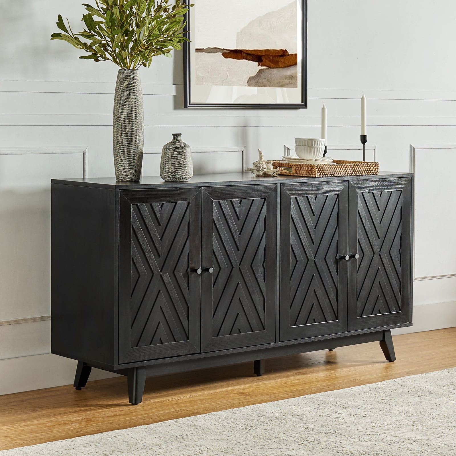 "57"" Black Dining Storage Cabinet, 4 Doors, Adjustable Shelves, TV ...