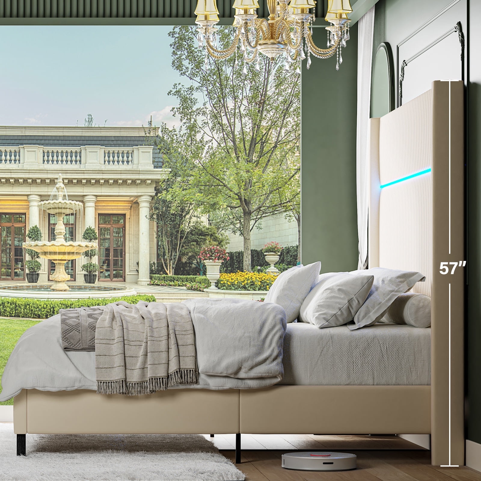 57" Tall Headboard King Size Platform Bed Frame, Upholstered Wingback ...
