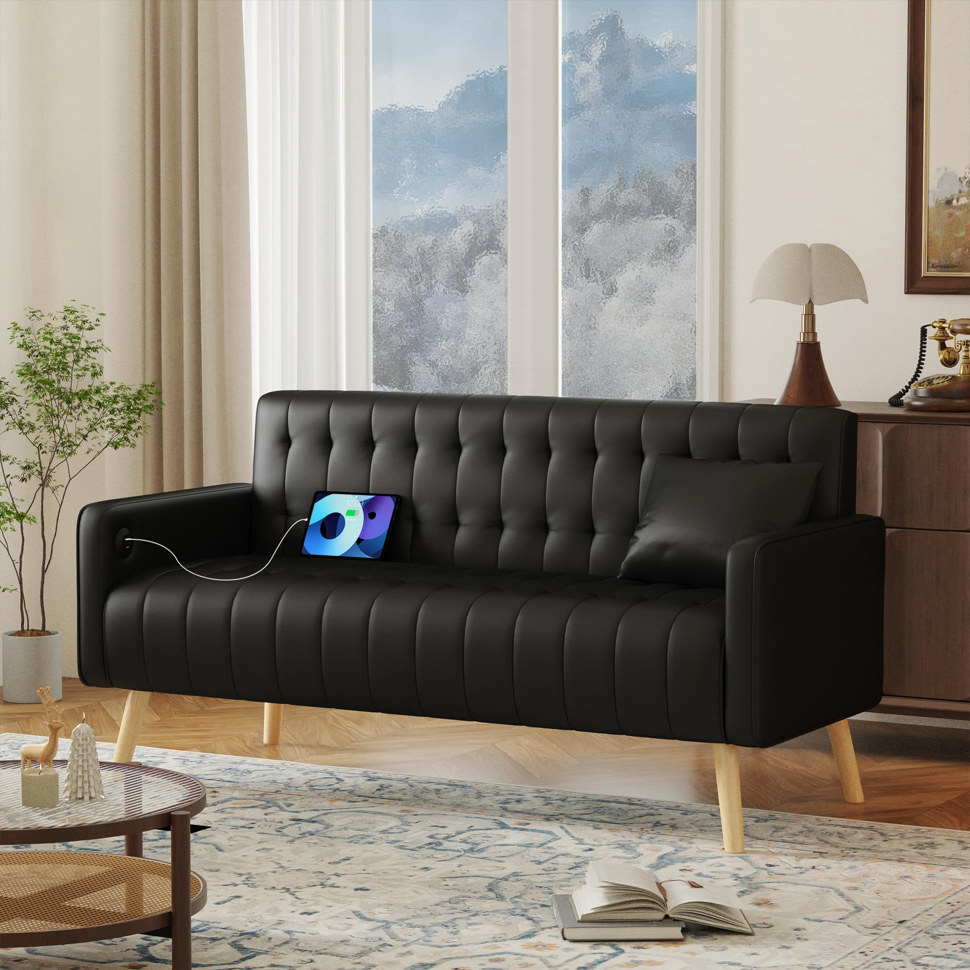 57” W Loveseat Sofa, Small Black Faux Leather Couch w/USB Charging ...