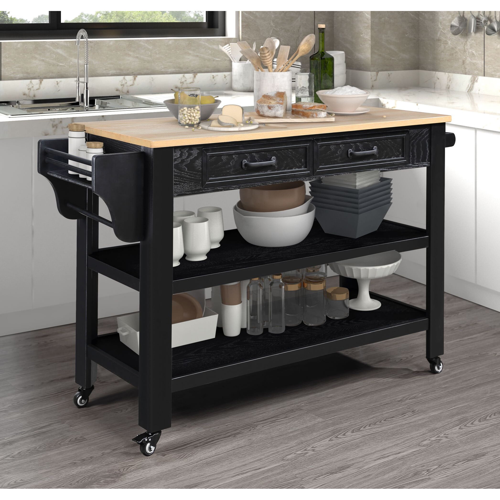 57 inch Rolling Kitchen Island with Storage,Kitchen Cart with Solid OAK ...