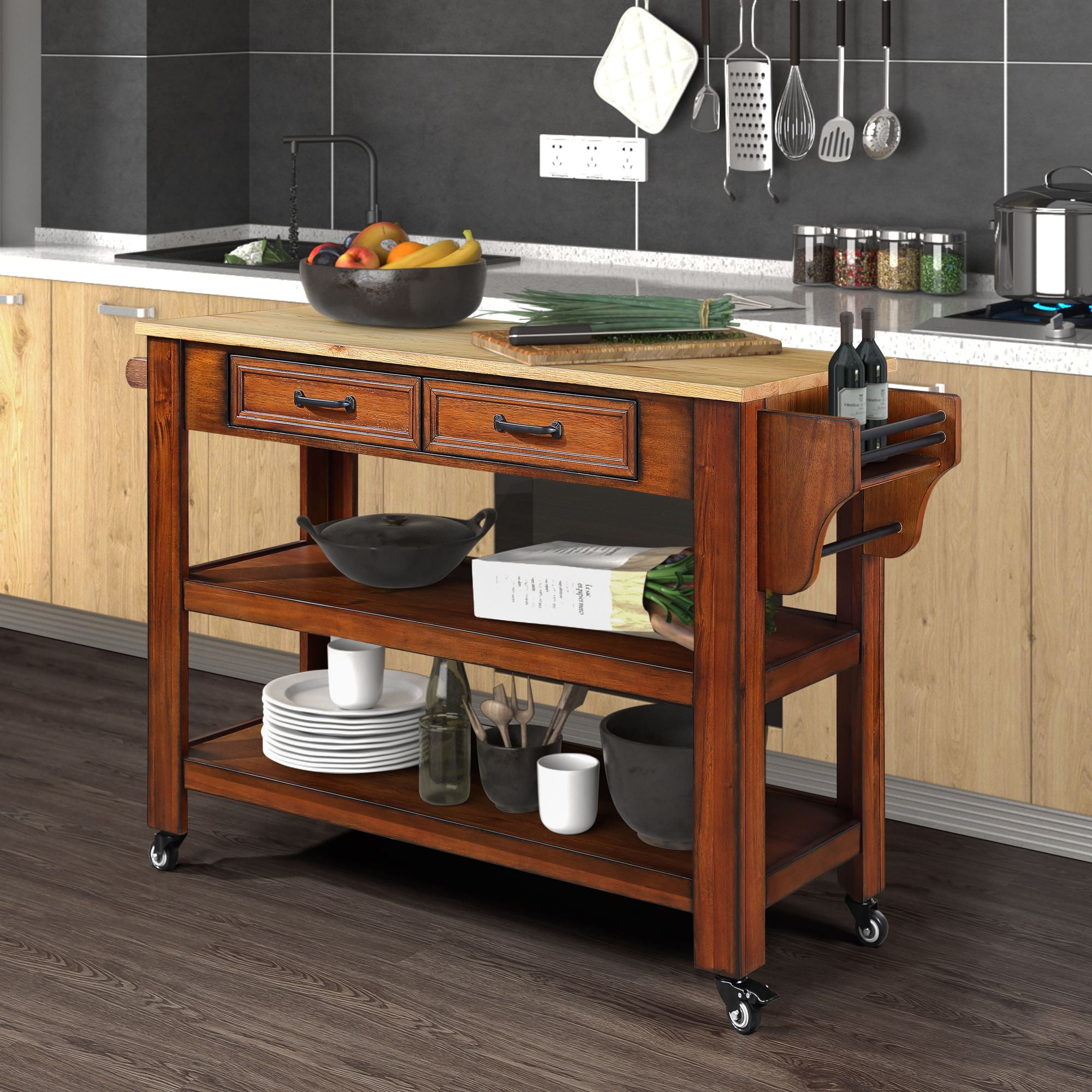 57 inch Rolling Kitchen Island with Storage,Kitchen Cart with Solid OAK ...