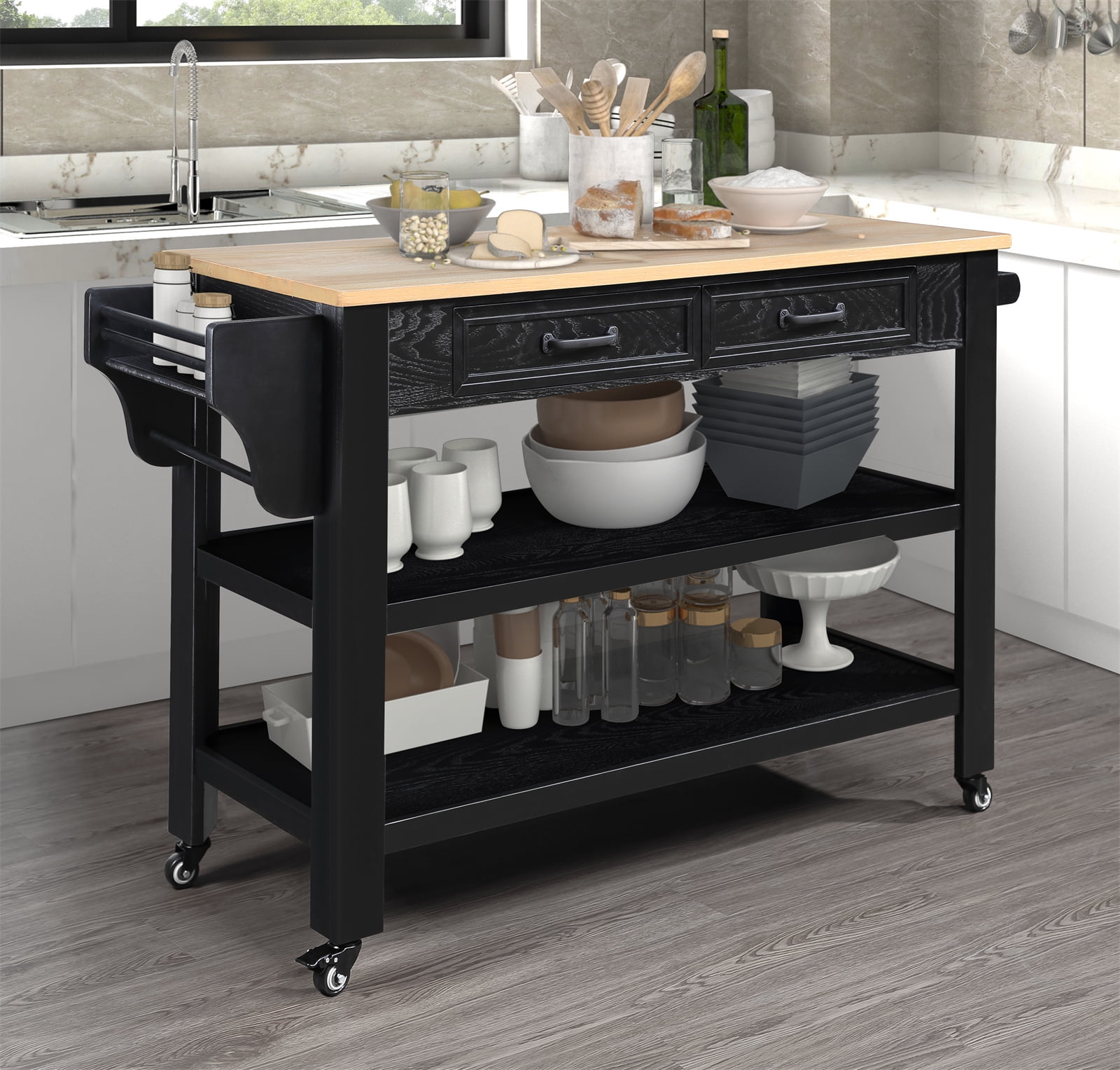 57 inch Rolling Kitchen Island with Storage on Wheels, Two-sided ...
