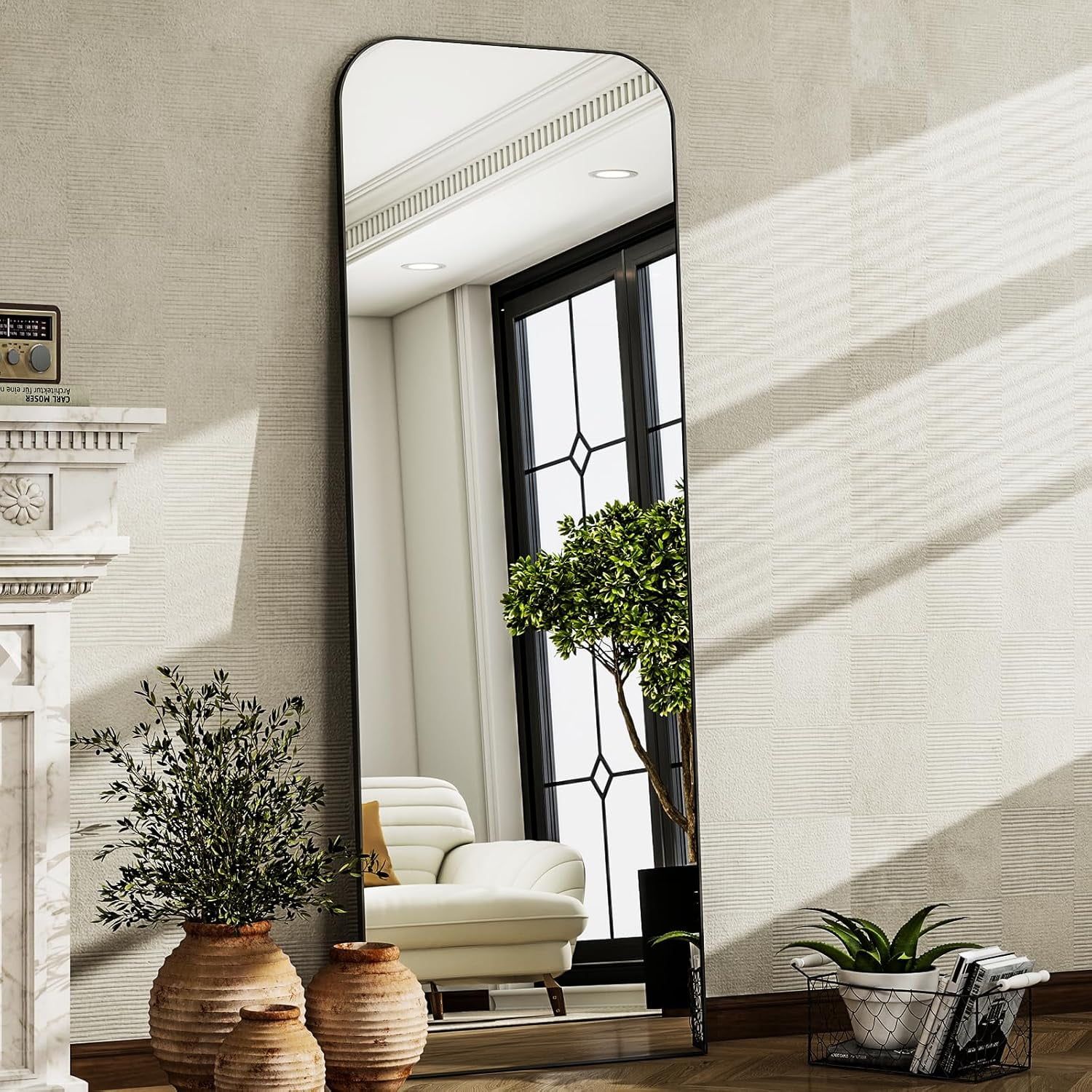 57"x20" Full Length Mirror, Black Rounded Corner Aluminum Frame ...