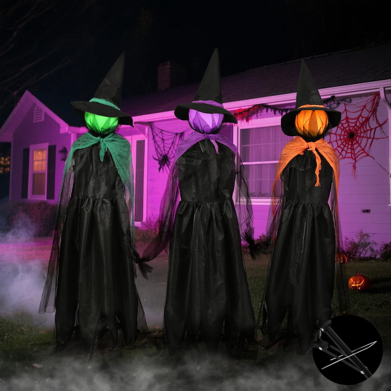 57In LED Set of 3 Black Witches with Stakes Light Up Witches Holding ...