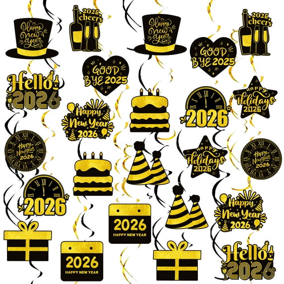 57Pcs Happy New Year 2026 Hanging Swirl Decorations - Black & Gold NYE ...