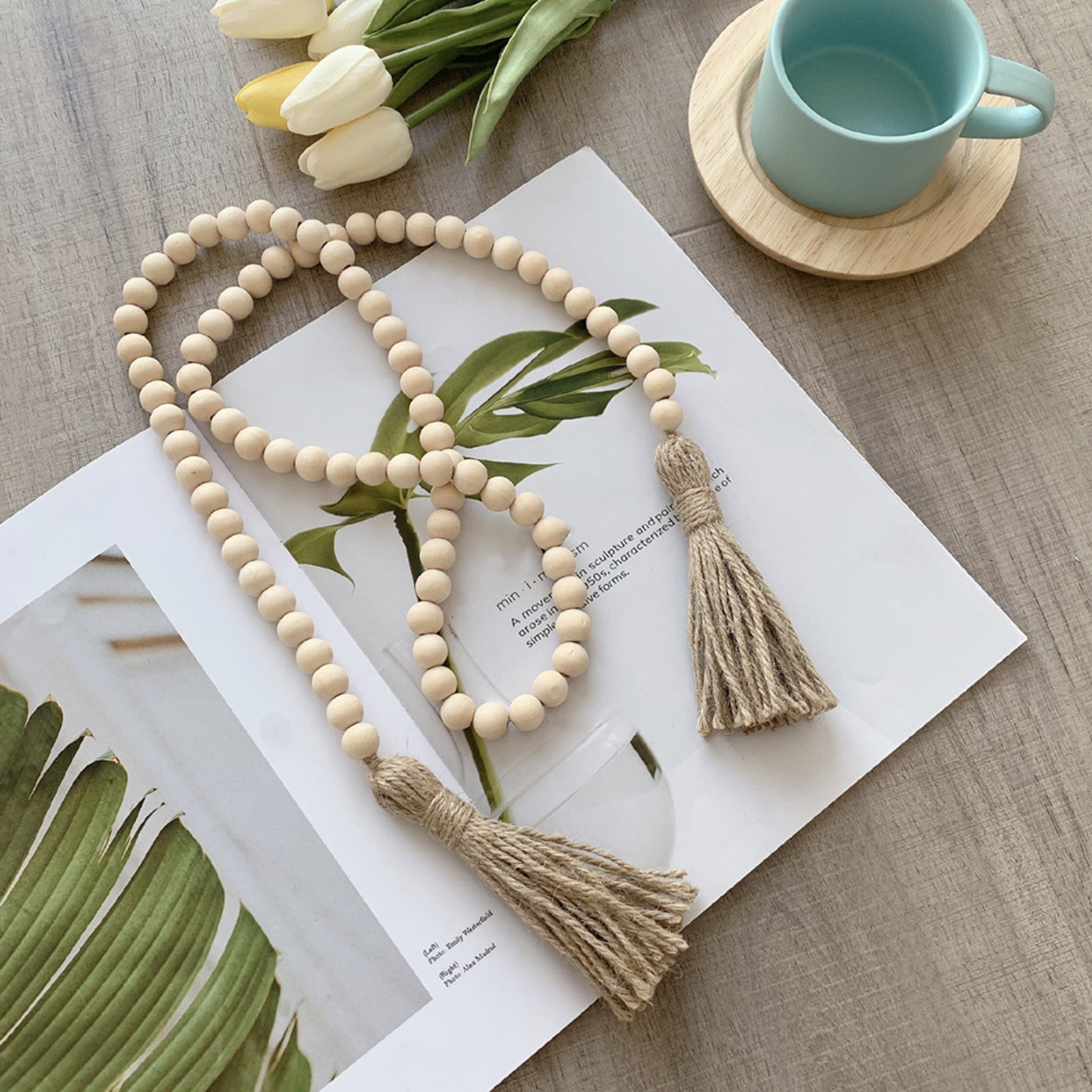 57inch Wood Round Bead Garland with Hemp Rope, Natural Wooden Beads ...