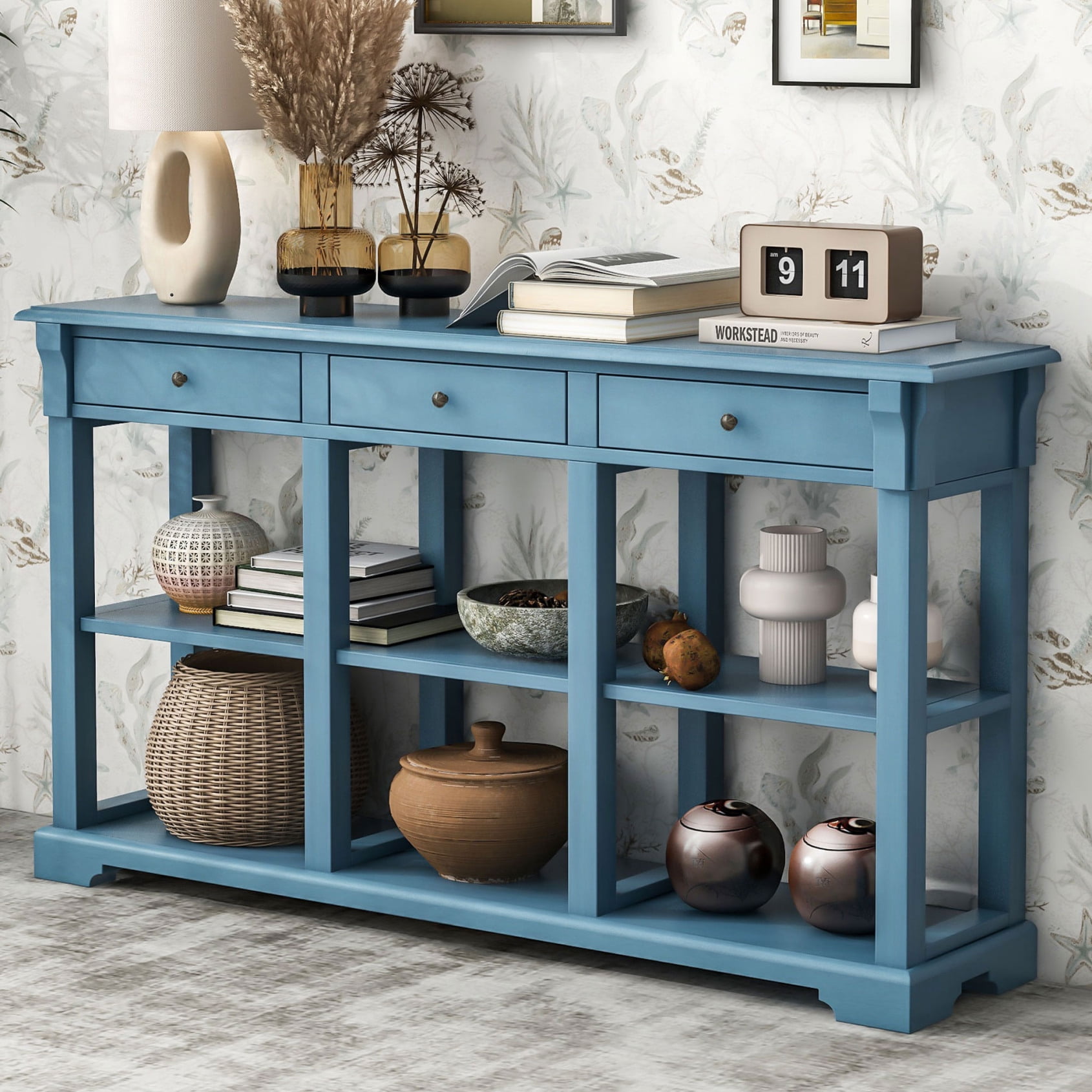 58.1" Console Table with 3 Drawers, Retro Entryway Table 3 Tier Storage ...