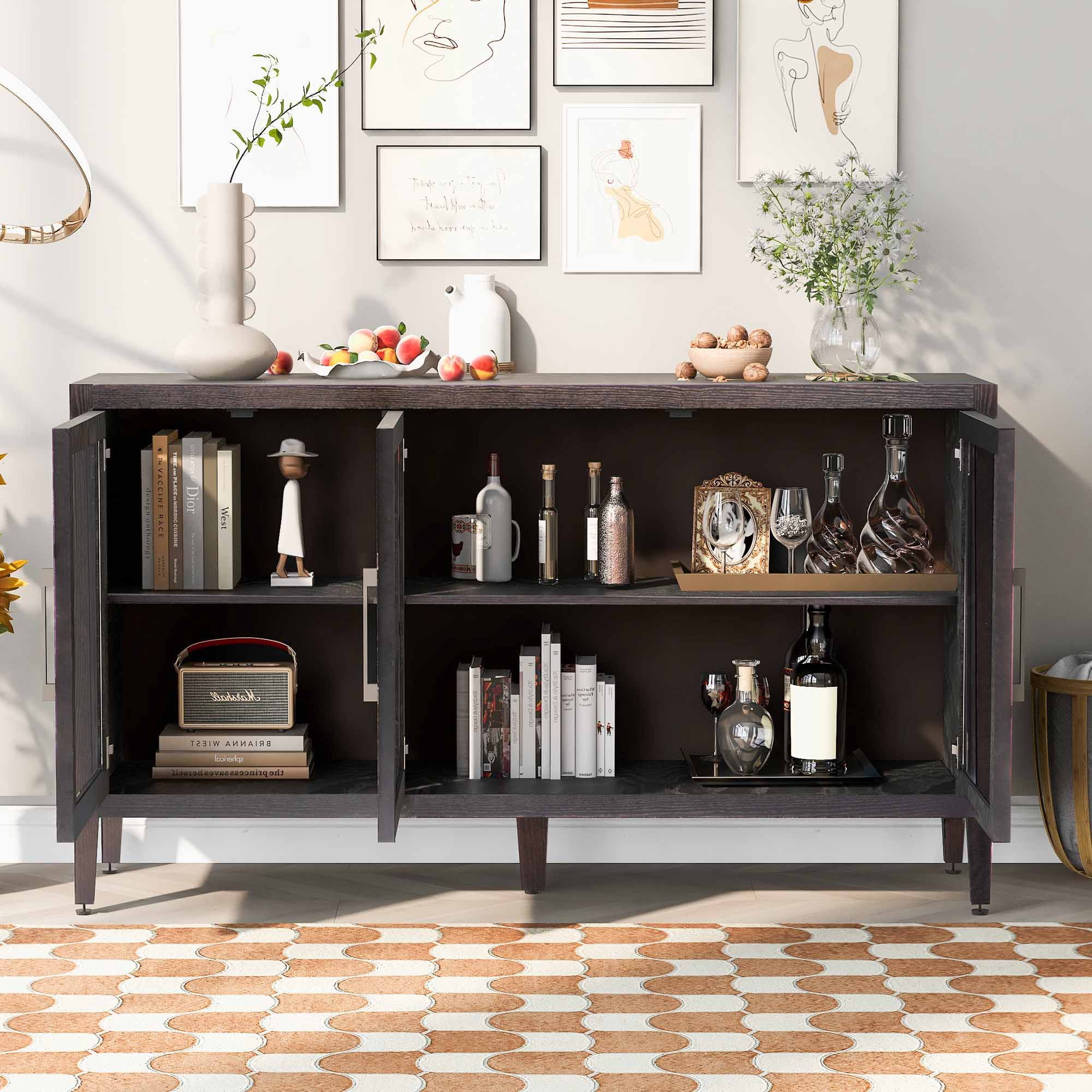 58.2" Wood Storage Cabinet with Three Tempered Glass Doors and ...
