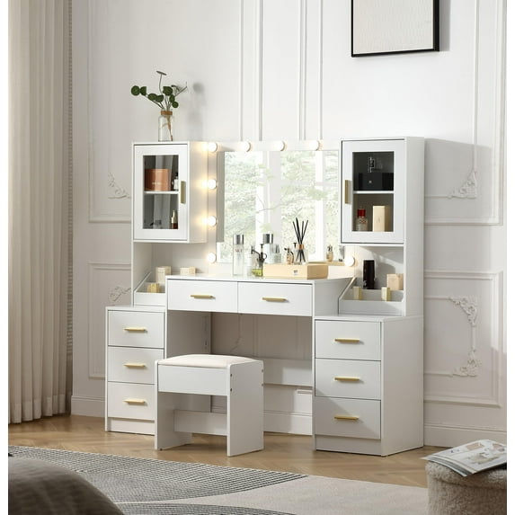 58.3'' Large Vanity with Folding Up Mirror and Lights,Makeup Vanity ...