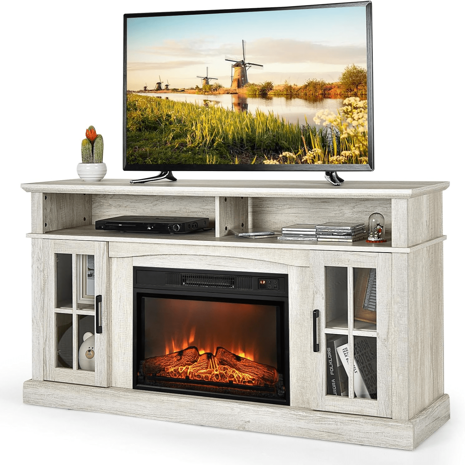 58" TV Stand with Electric Fireplace Insert Fireplace Entertainment ...