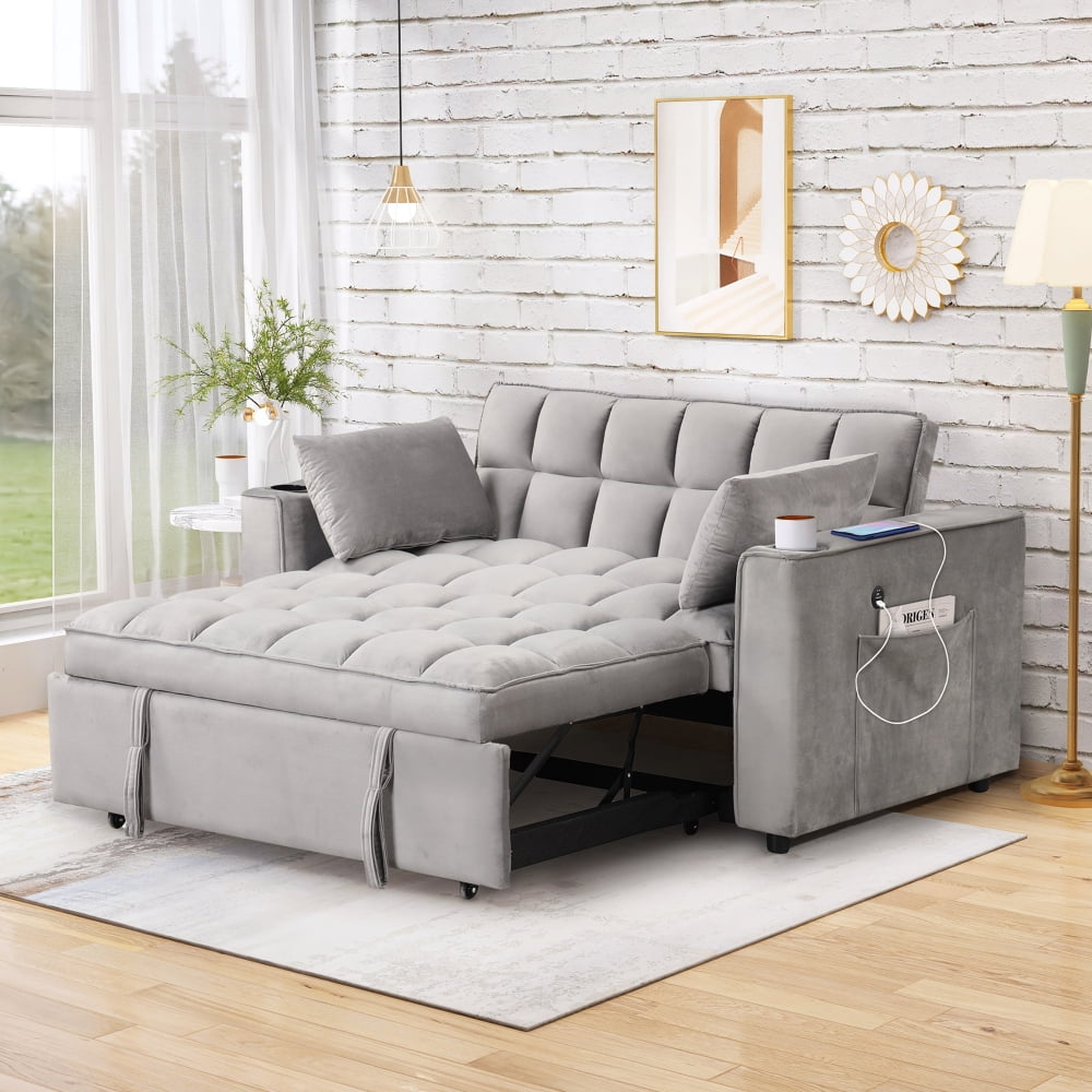 58" 4-1 Multi-functional Sofa Bed with Cup Holder and USB Port for Living Room or Apartments ...