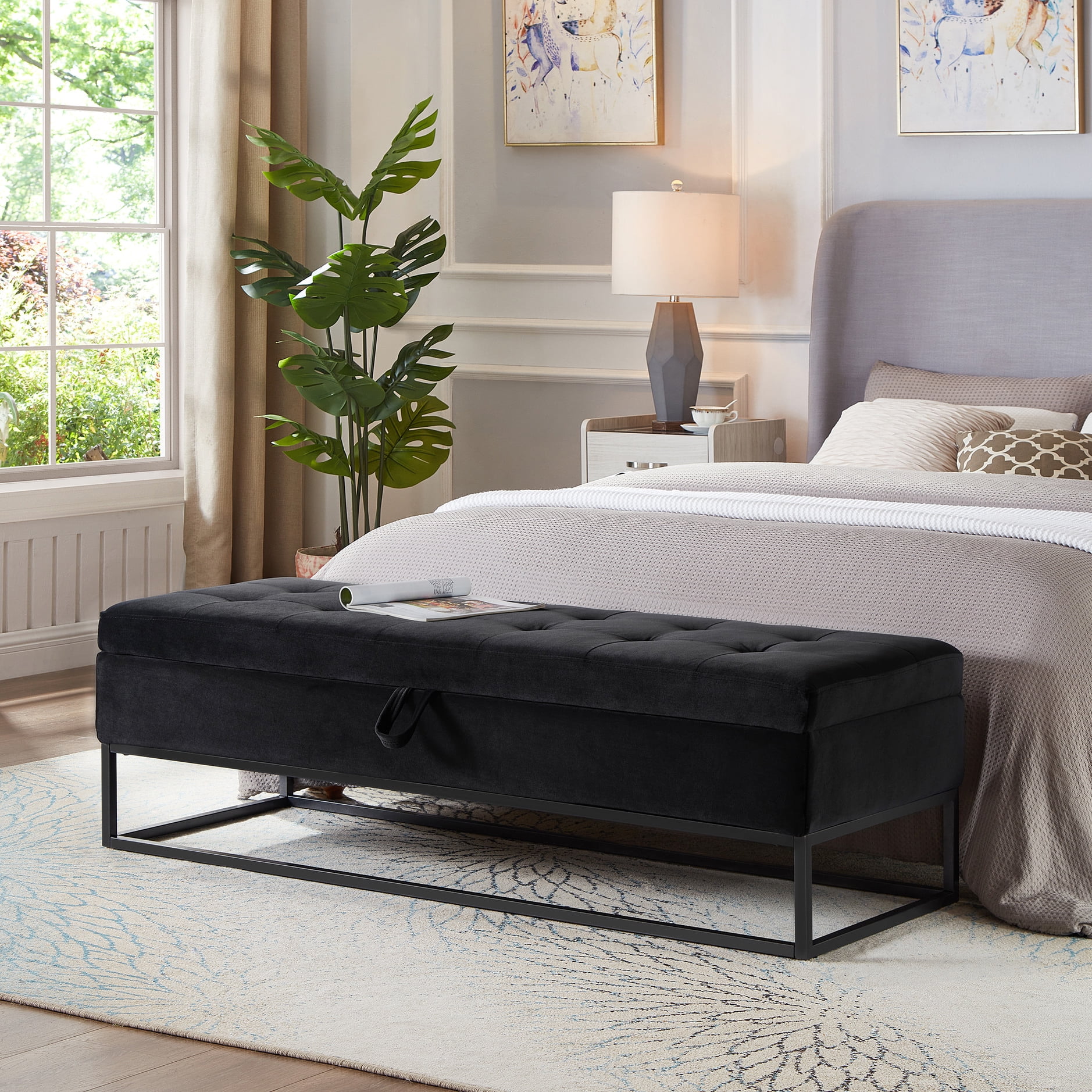 58.6" Bedroom Storage Bench, Black Velvet Upholstery Foot Rest Bench ...