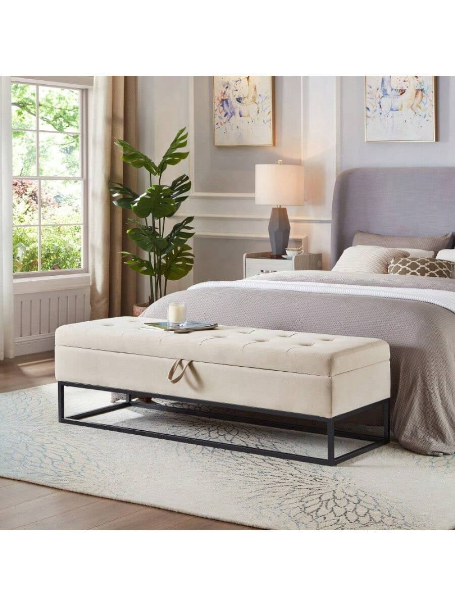 58.6'' Beige Velvet Bed Bench: Metal Base With Large Storage – Button ...