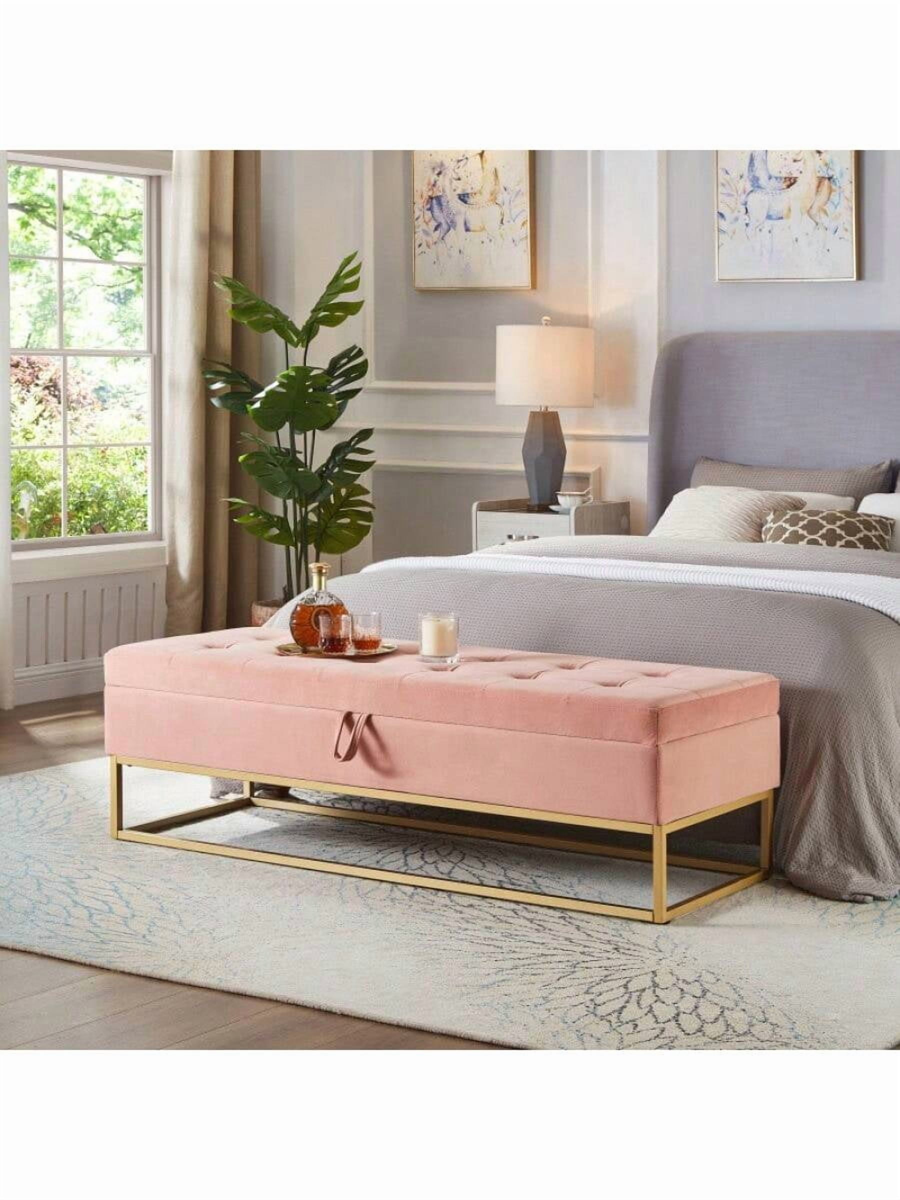 58.6'' Beige Velvet Bed Bench: Metal Base With Large Storage – Button ...