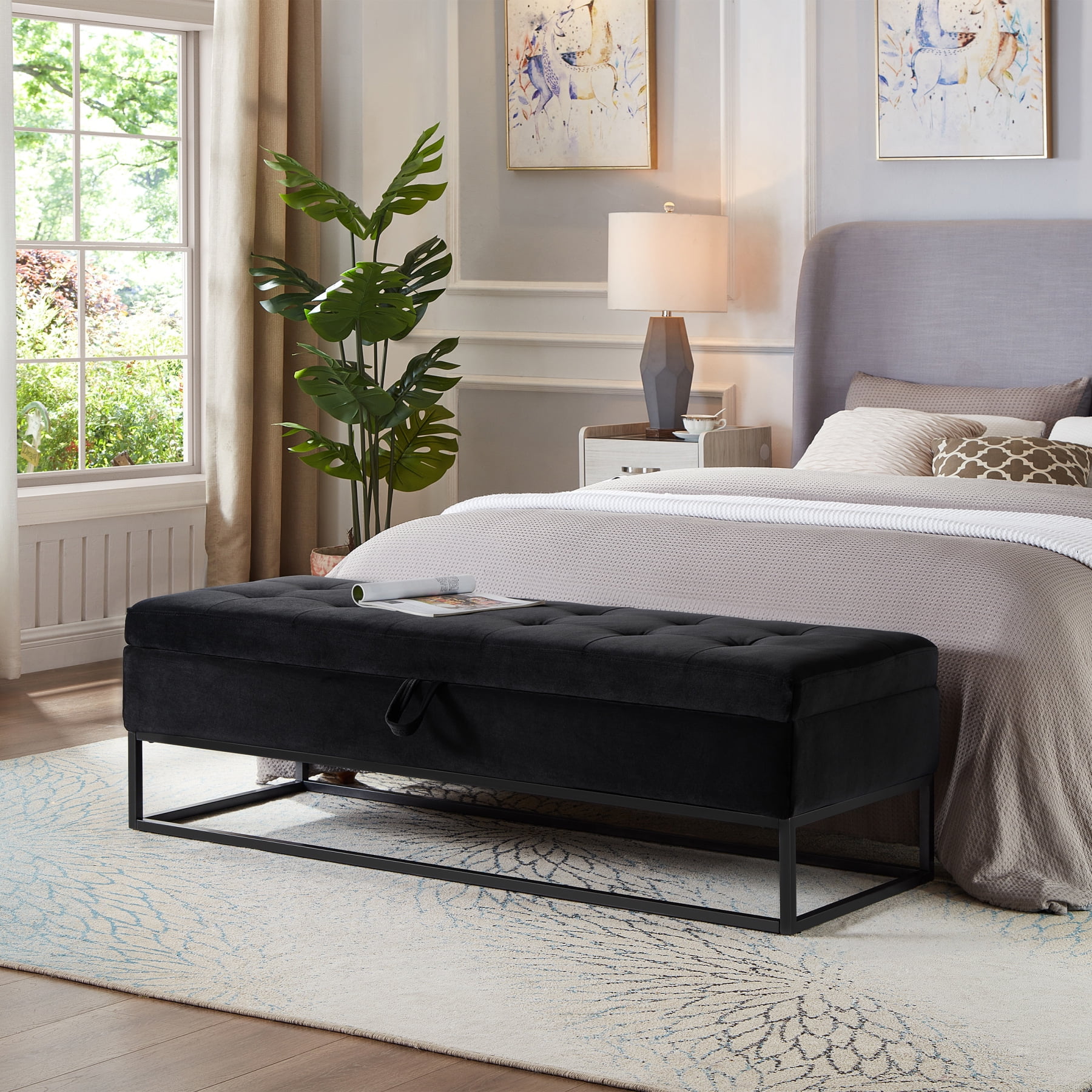 58.6 End of Bed Bench with Metal Base Tufted Upholstered Bedroom Ottoman Bench Seat Velvet Storage Bench with Flip Top Black Walmart