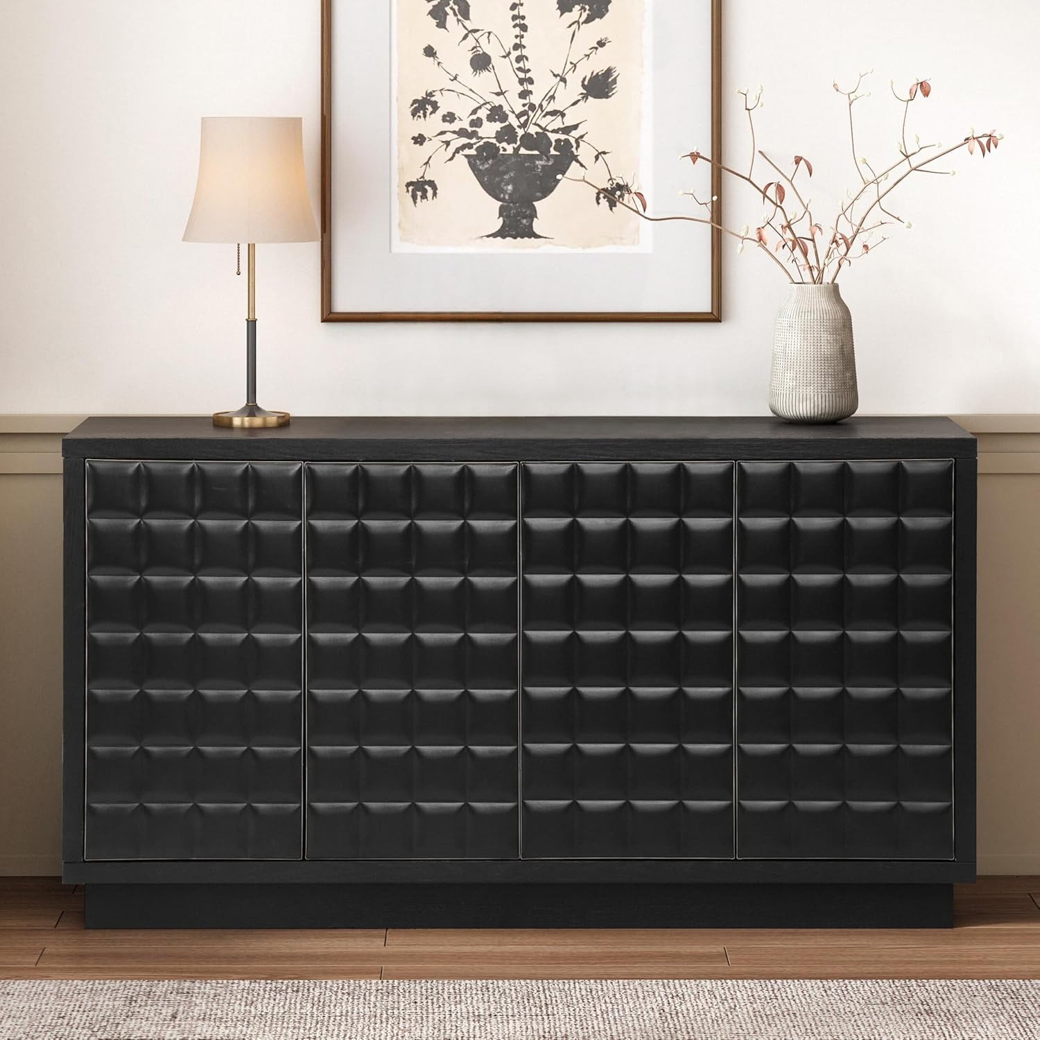 58.6" Modern 4-Door Buffet Cabinet with 3D Geometric Doors & Metal Trim ...