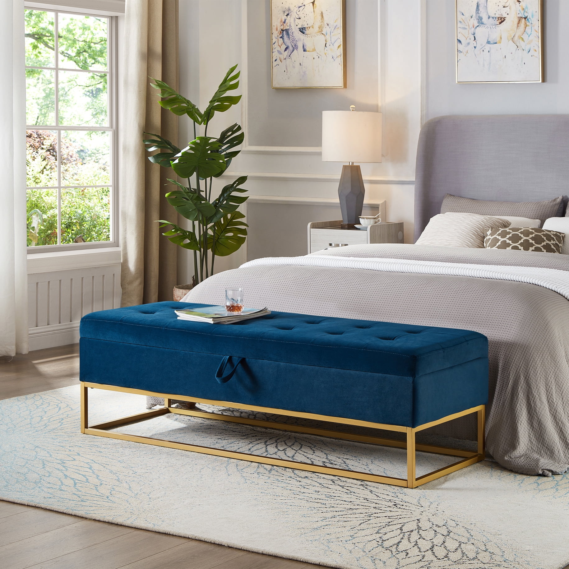 58.6" Storage Ottoman Bench with Metal Base, Modern Velvet Bed Bench ...