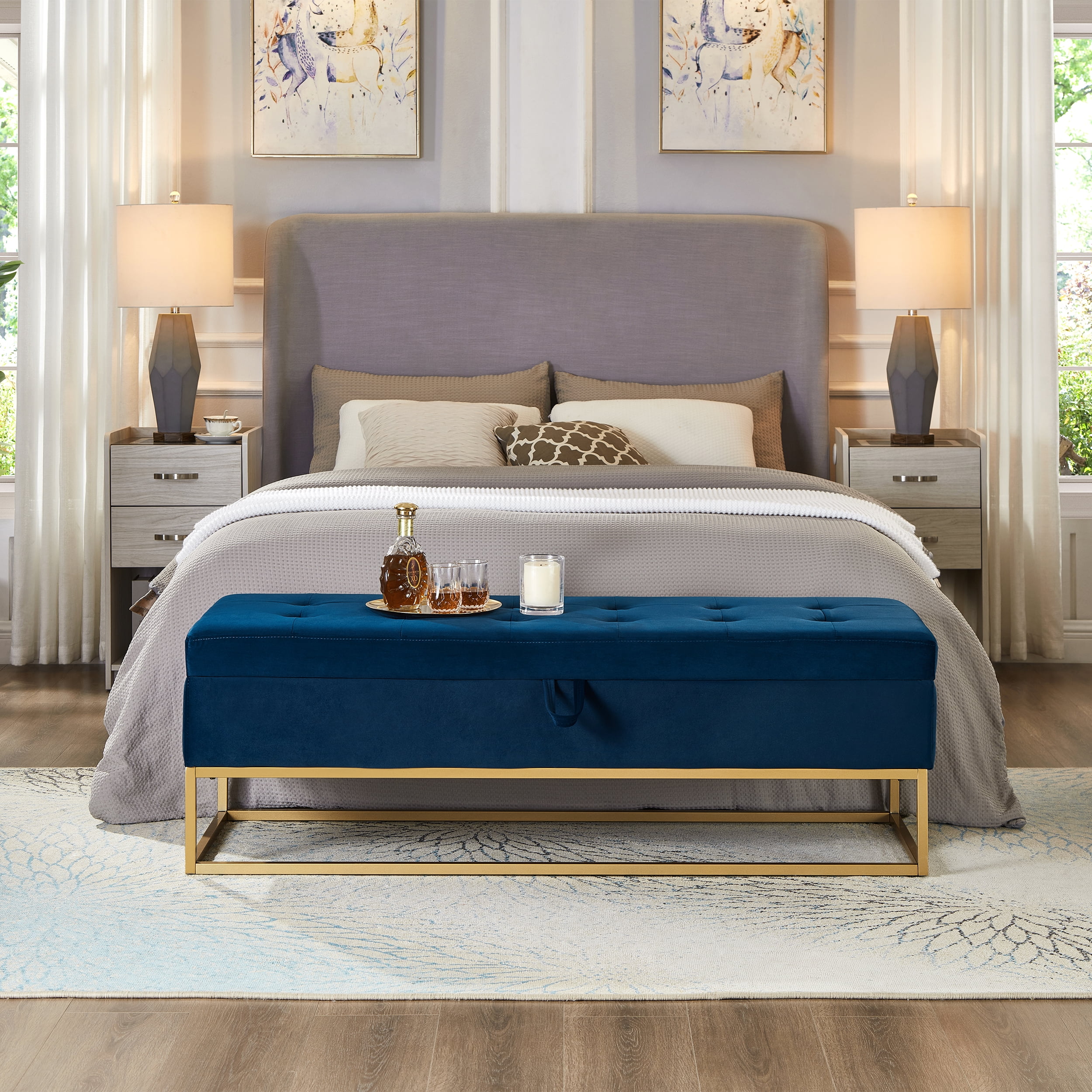 58.6" Velvet Storage Benches Gold Metal Base Tufted Ottoman Bench with ...